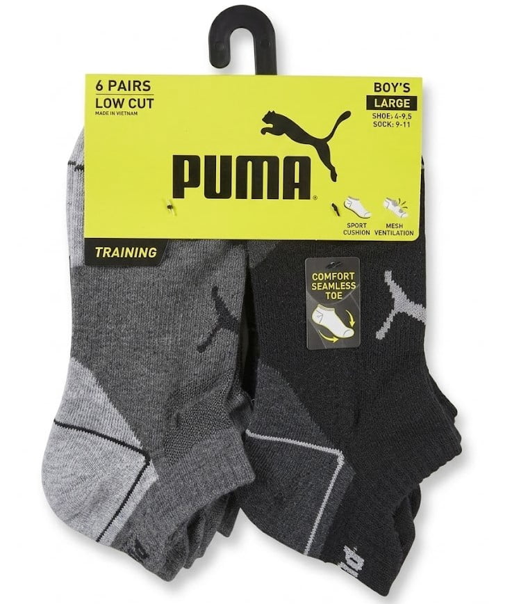 PUMA SOCKS BOYS X6 - LOW CUT 263 - GREY BLACK SZ LARGE - SHOE SZ 4-9.5 ...