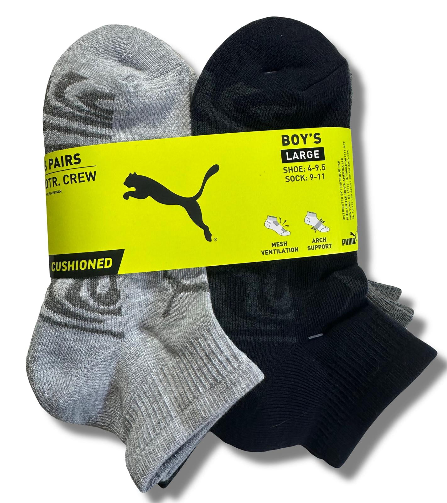 PUMA SOCKS BOYS X6 - QUARTER 243 DECO - SZ LARGE - SHOE SZ 4-9.5 - GREY ...