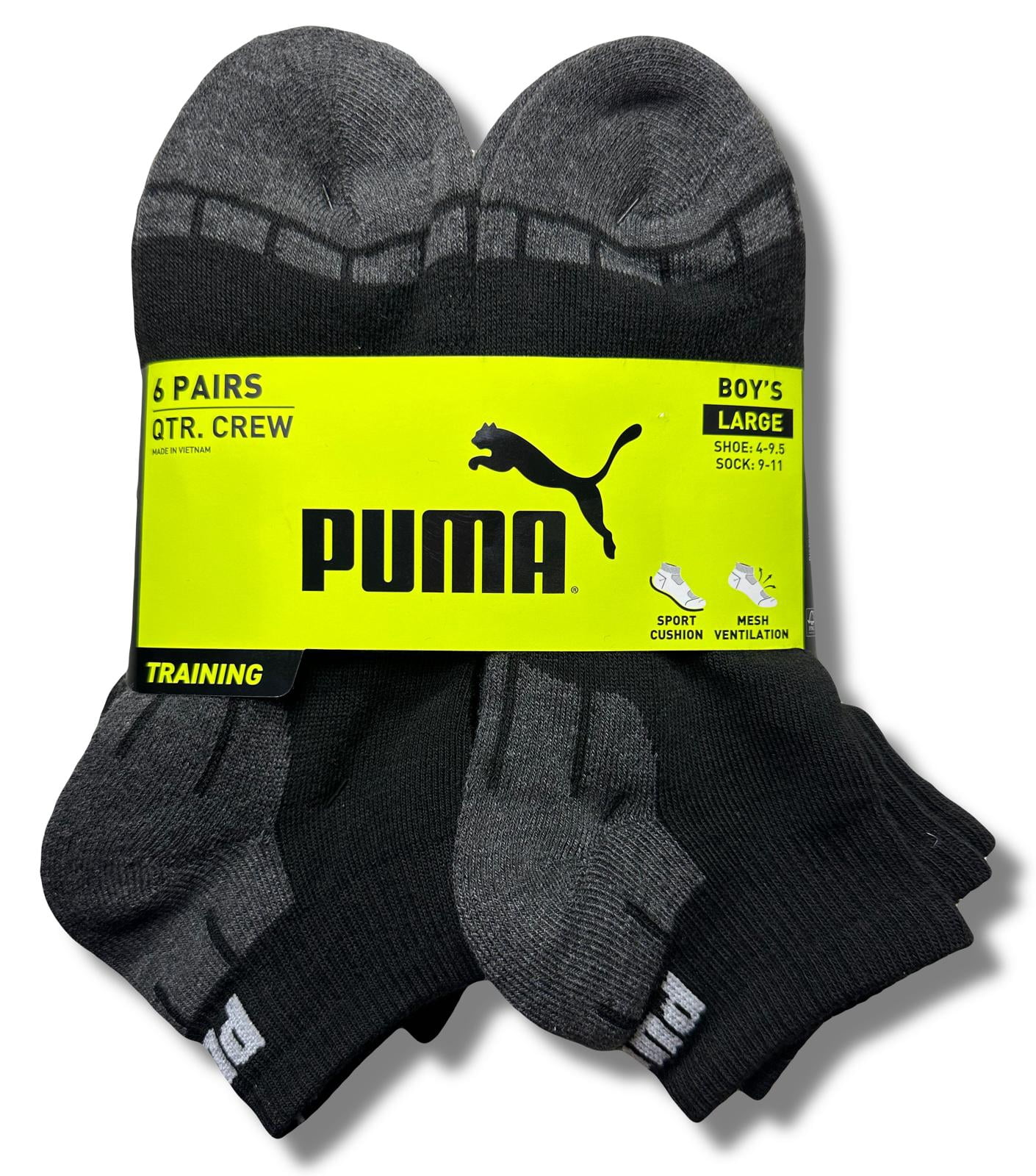 PUMA SOCKS BOYS X6 - QUARTER CUT 243 - CUBE BLACK - LARGE SZ SHOE 4-9.5 ...