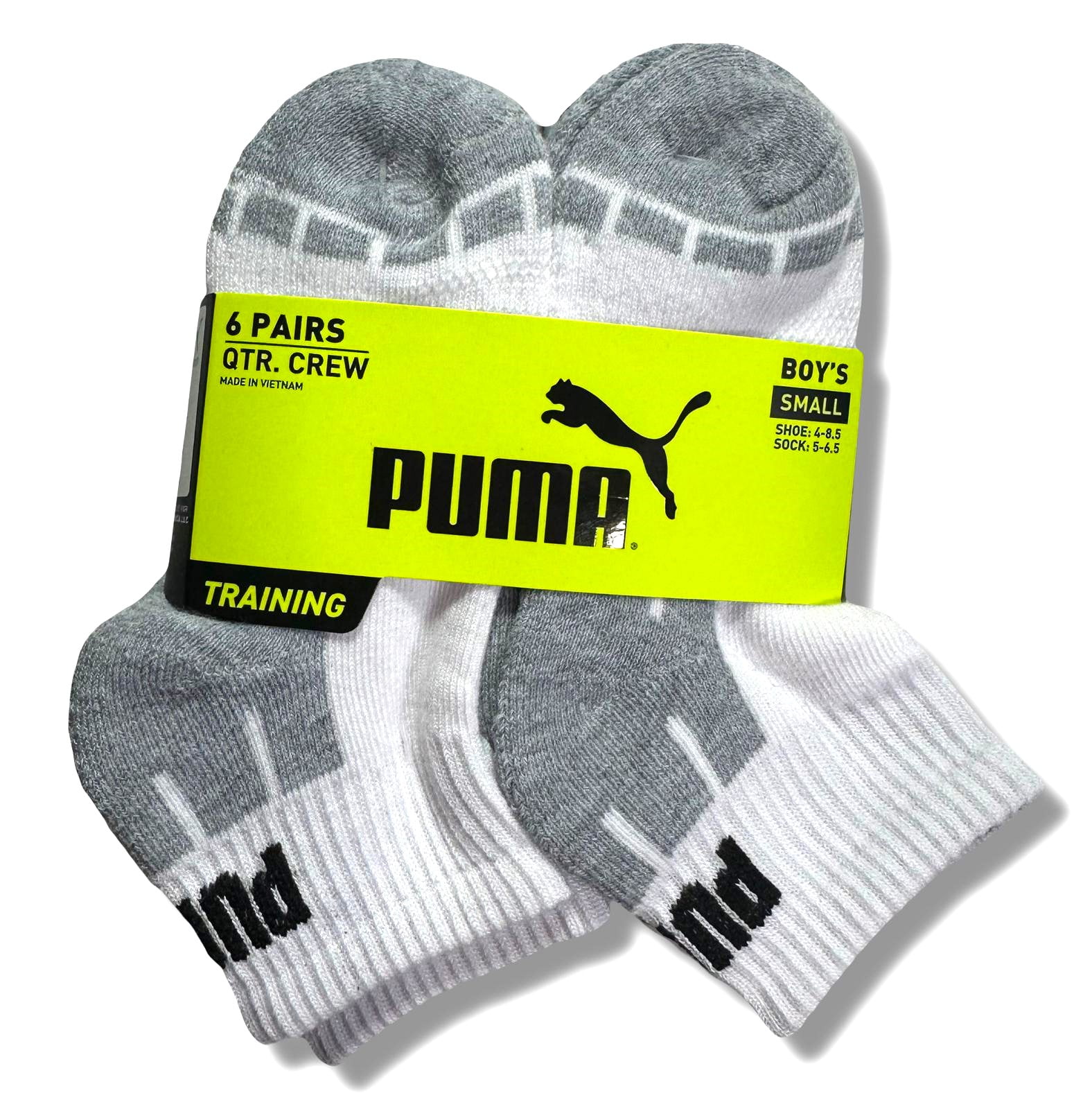 PUMA SOCKS BOYS X6 - QUARTER CUT 243 - CUBE WHITE - SMALL SZ SHOE 4-8.5 ...