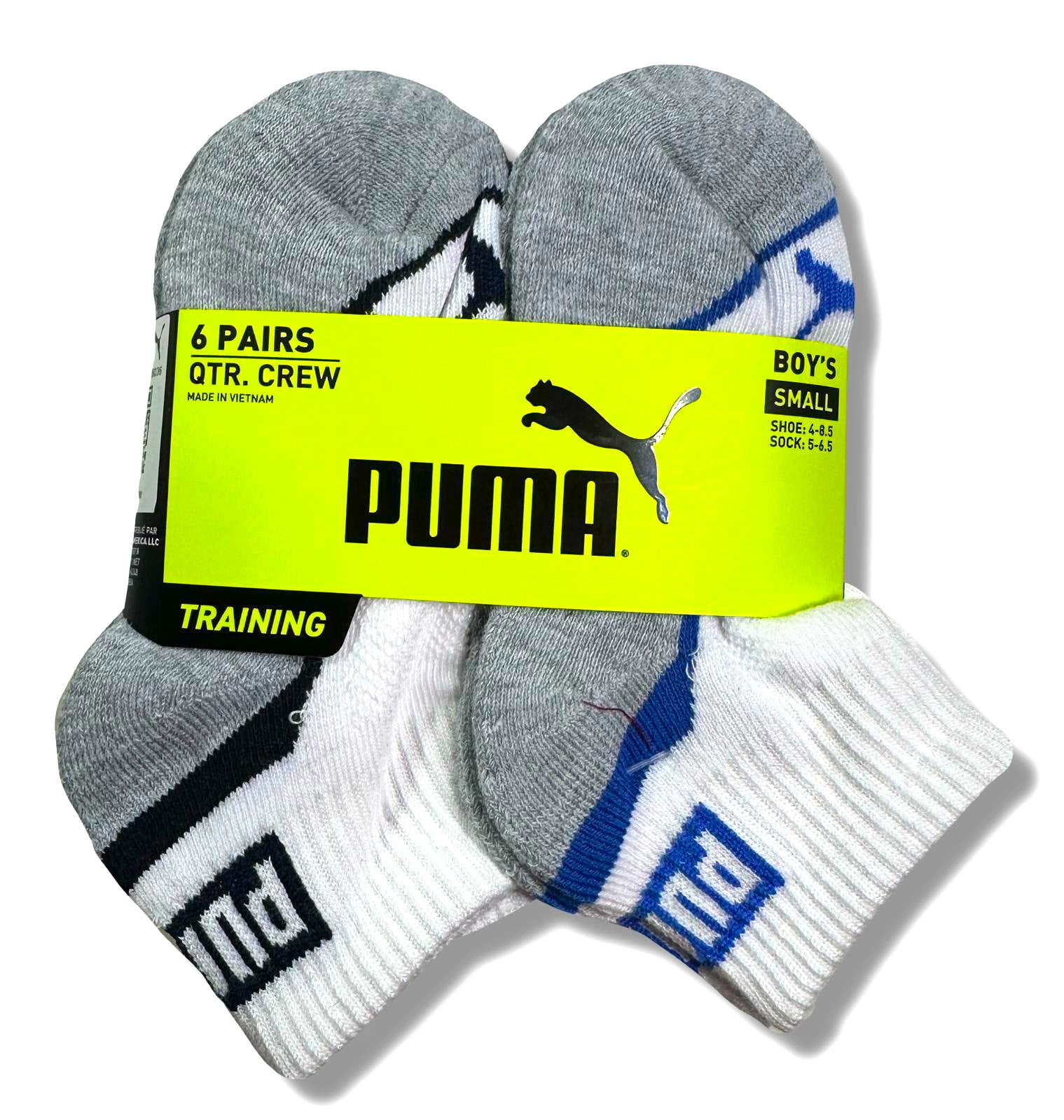 PUMA SOCKS BOYS X6 - QUARTER CUT 253 - WAVE WHITE BLUE - SMALL SHOE 4-8 ...