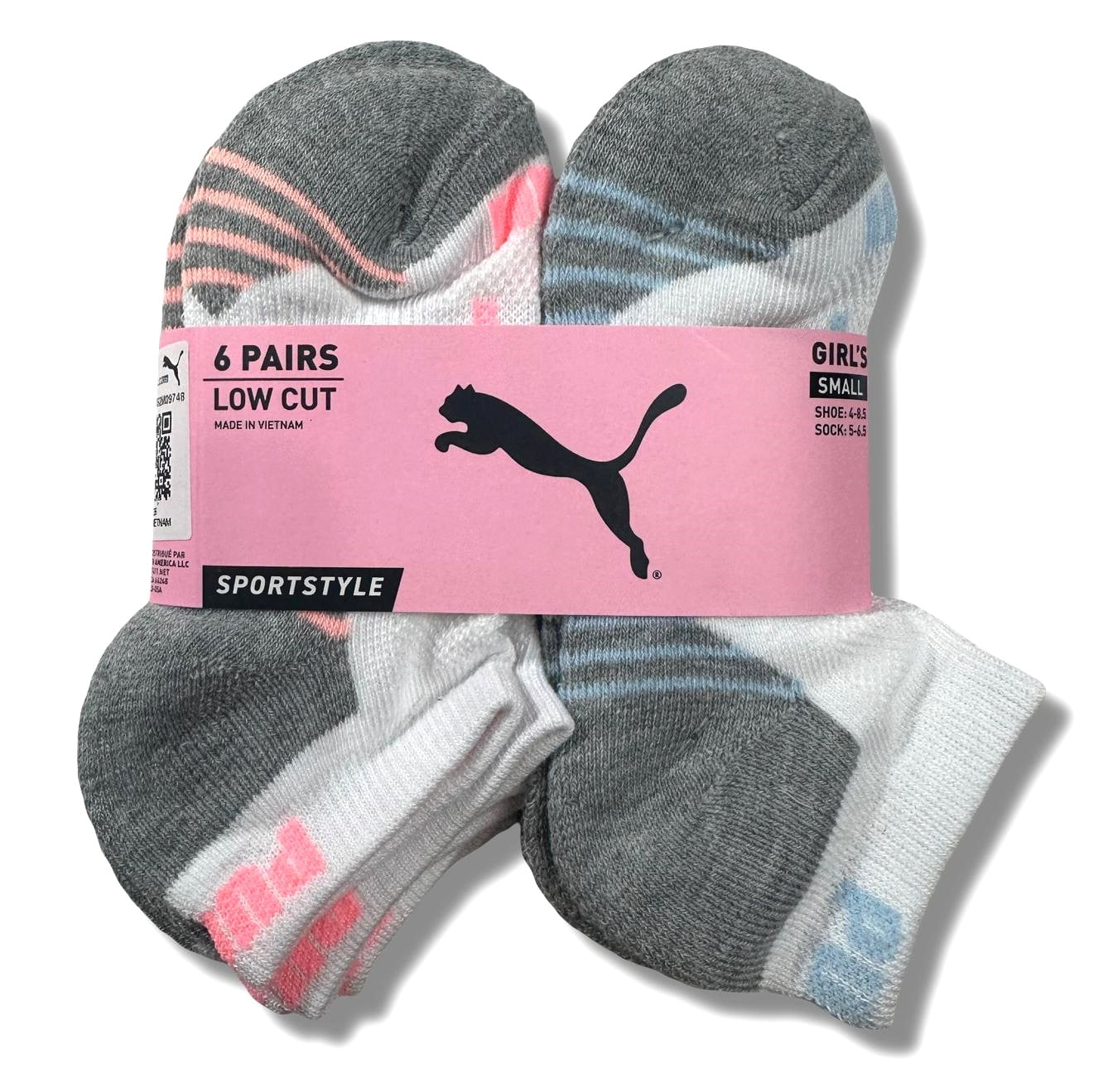 PUMA SOCKS GIRLS X6 - LOW CUT 243 - FIERCE PINK- SMALL 6 PACK SHOE 4-8. ...