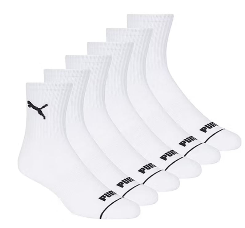 PUMA SOCKS MEN'S - HI QUARTER 243 - SOLID WHITE - LARGE (10-13)- PACK 6 ...
