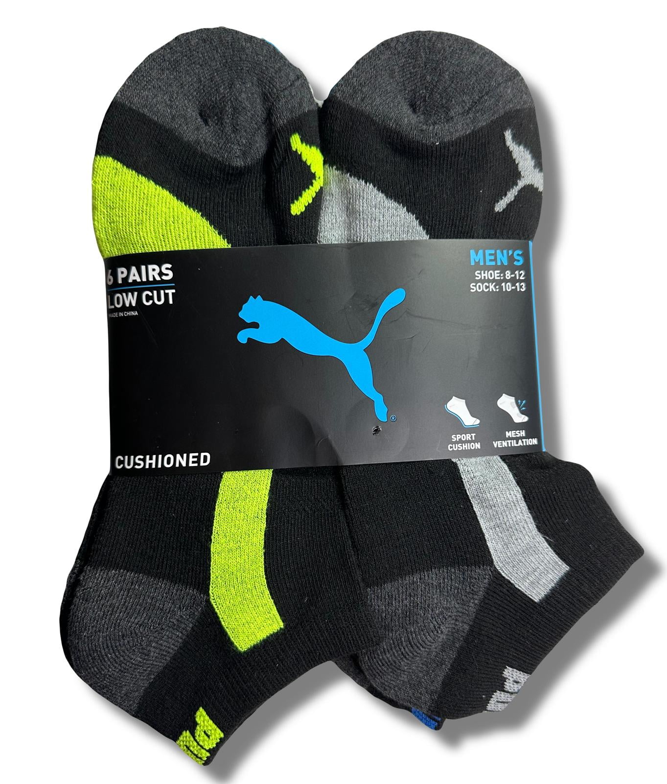 PUMA SOCKS MEN'S - LOW CUT - PIPE 243 - BLACK YELLOW - LARGE (10-13 ...