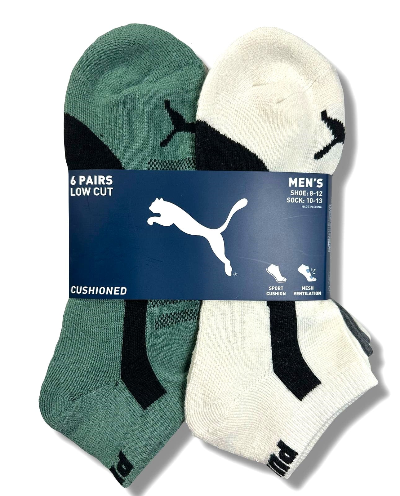 PUMA SOCKS MEN'S - LOW CUT - PIPE 253 - GREEN CREAM - LARGE (10-13 ...