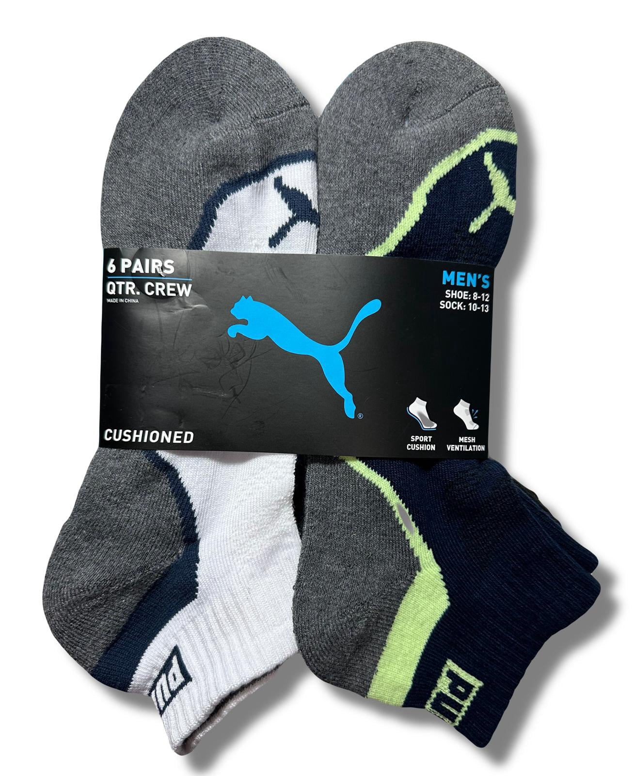PUMA SOCKS MEN'S - QUARTER CUT 243 - WAVE WHITE BLUE - LARGE (10-13 ...