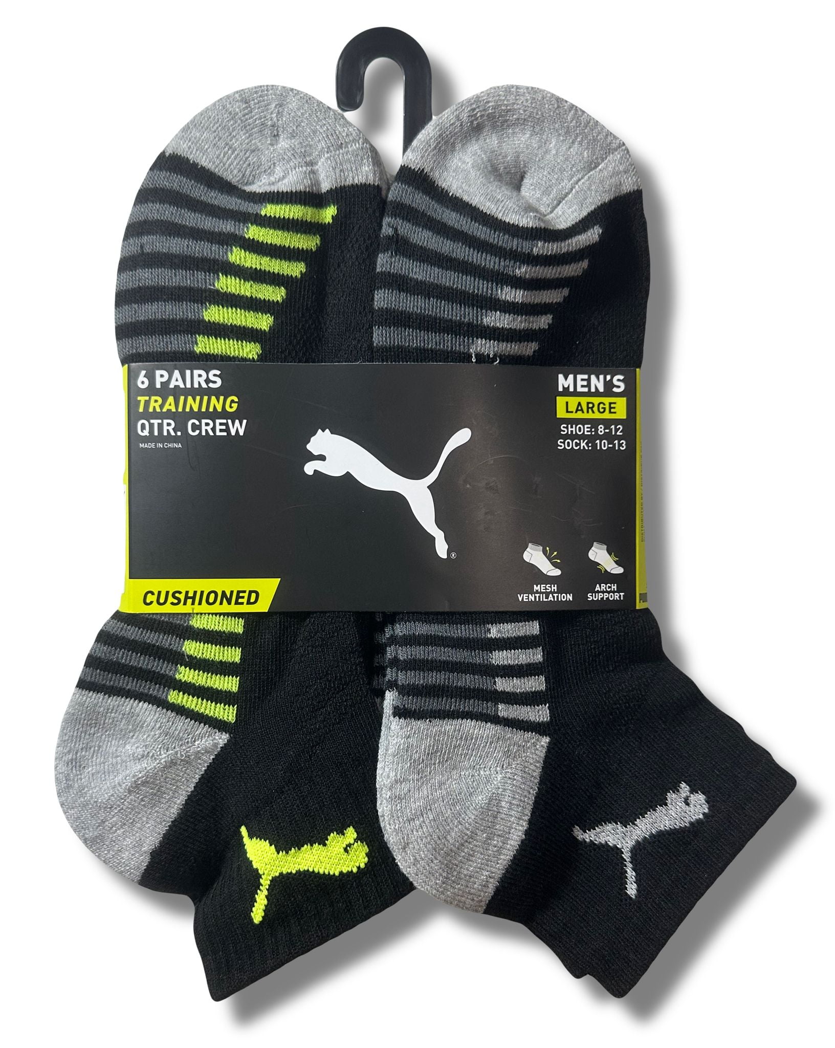 PUMA SOCKS MEN'S - QUARTER CUT - BLISS 243 - BLACK LIME- LARGE (10-13 ...