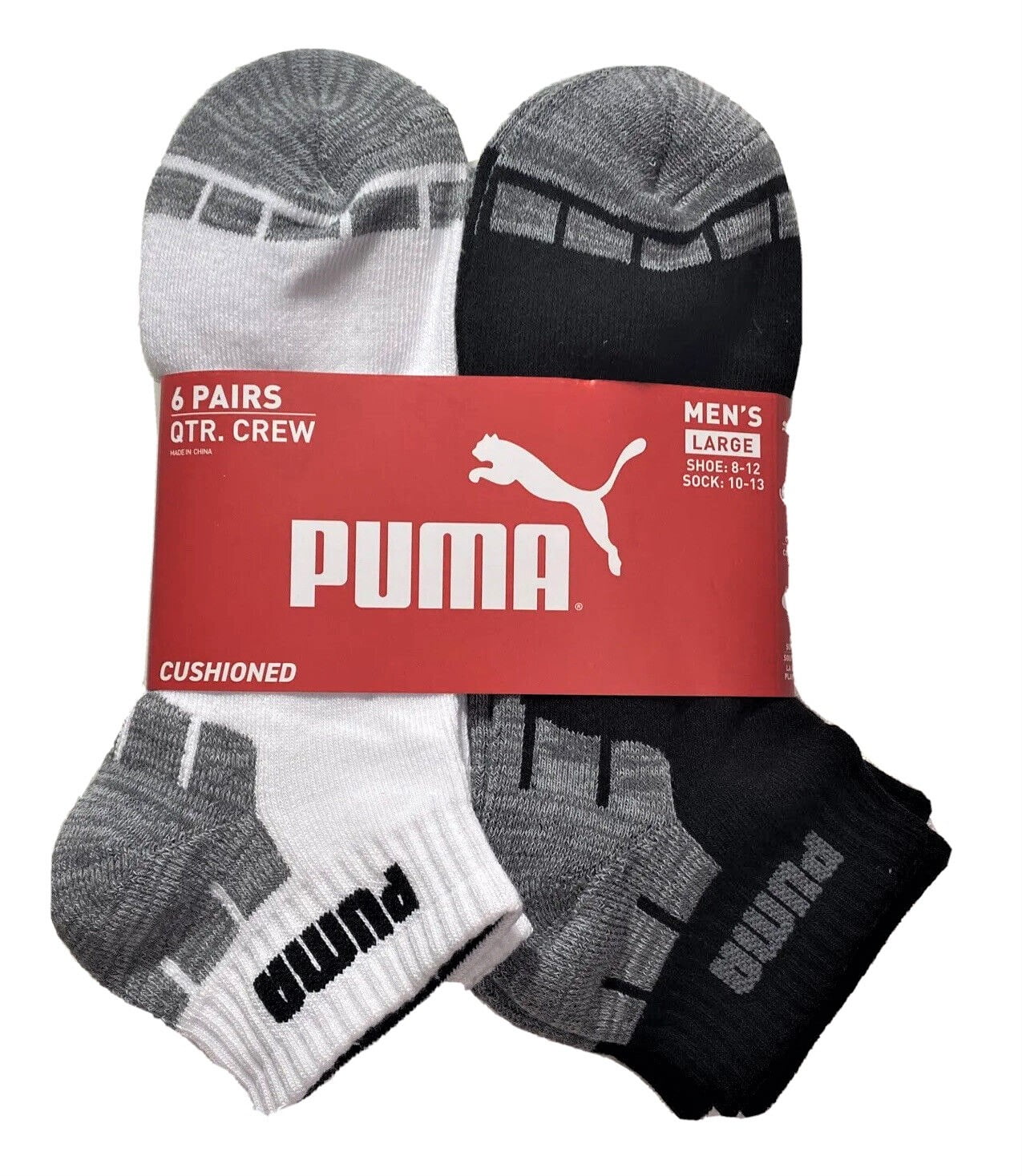 PUMA SOCKS MEN'S - QUARTER CUT CUBE - LARGE (10-13) BLACK WH - PACK 6 ...