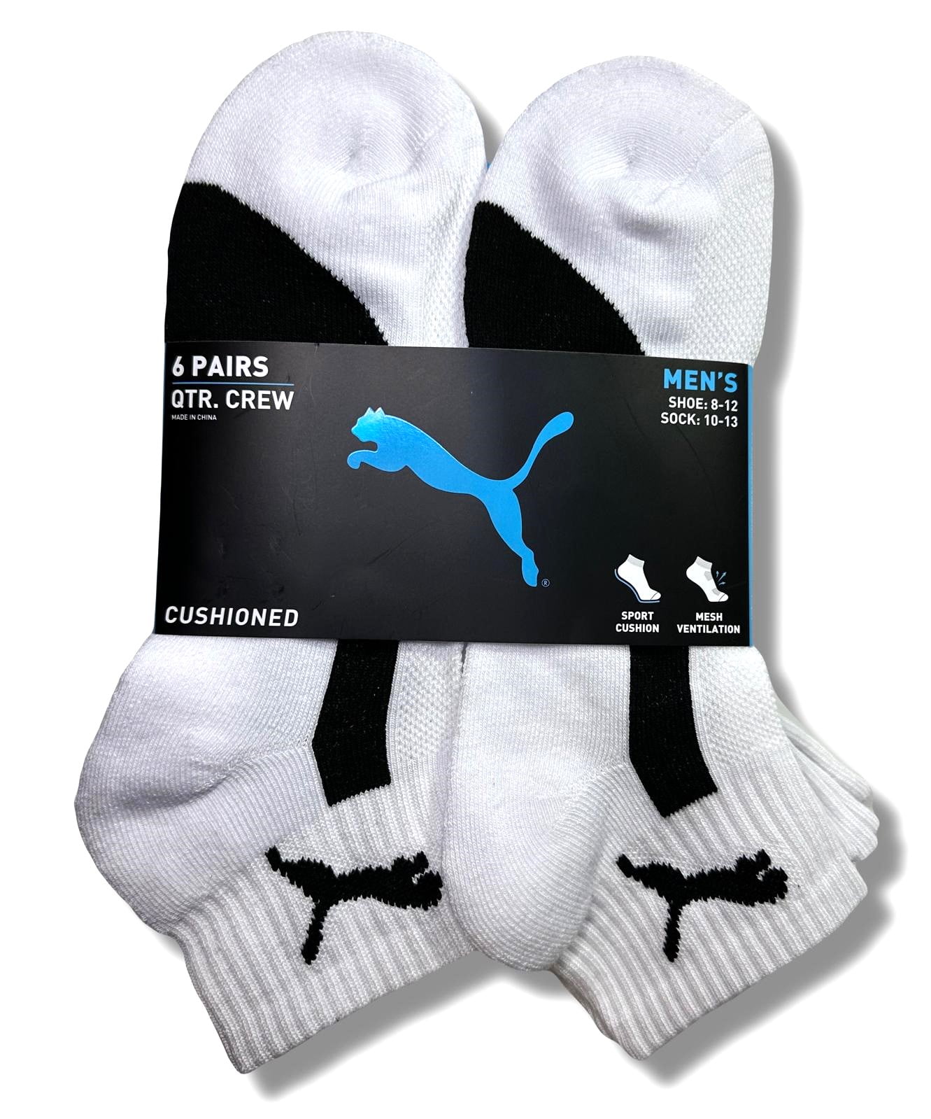 PUMA SOCKS MEN'S - QUARTER CUT - PIPE 243 - WHITE BLACK- LARGE (10-13 ...