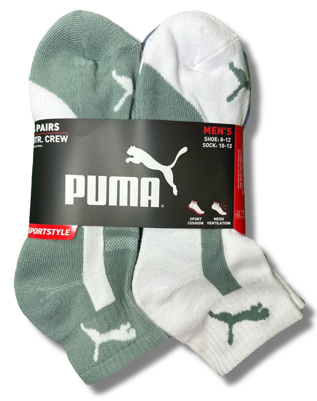 PUMA SOCKS MEN'S - QUARTER CUT - PIPE 253 - GREEN WHITE- LARGE (10-13 ...