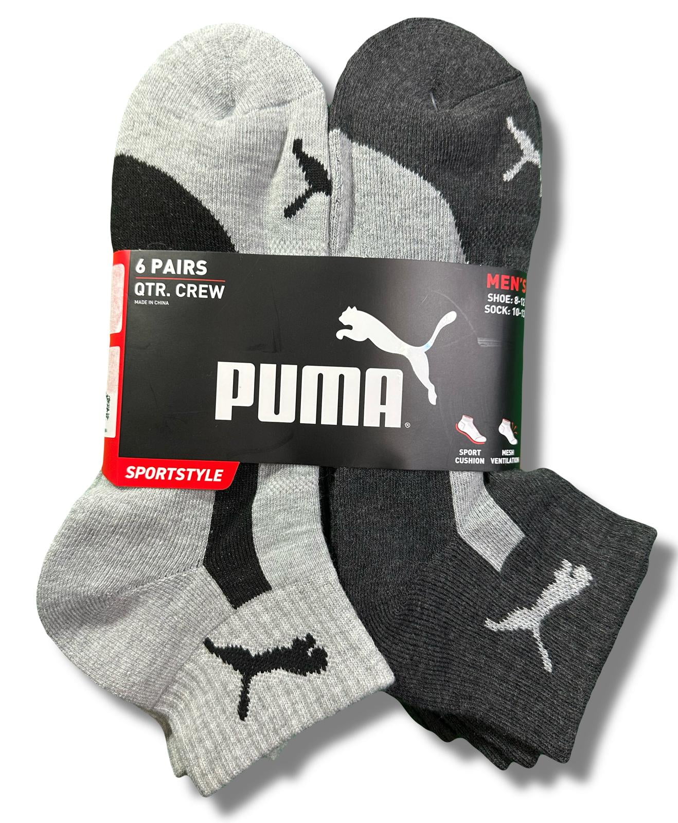 PUMA SOCKS MEN'S - QUARTER CUT - PIPE 253 - GREY GREY - LARGE (10-13 ...