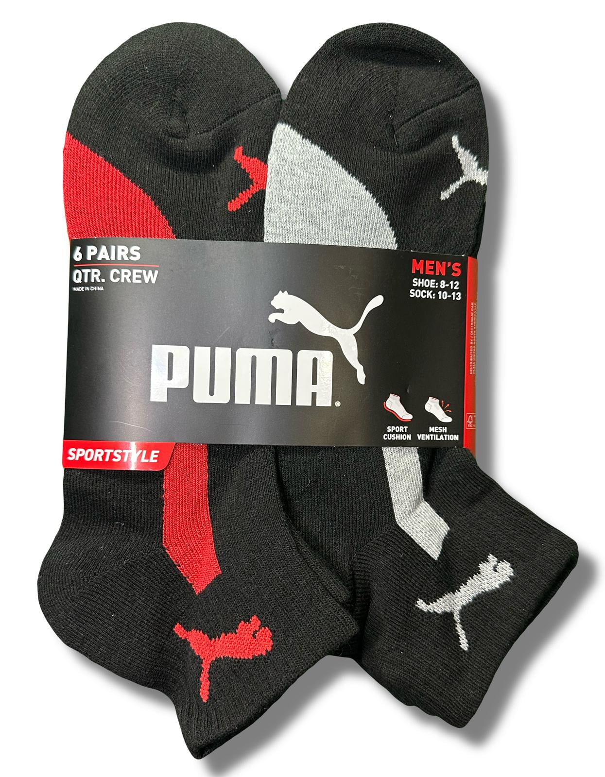 PUMA SOCKS MEN'S - QUARTER CUT - PIPE 253 - RED BLACK - LARGE (10-13 ...