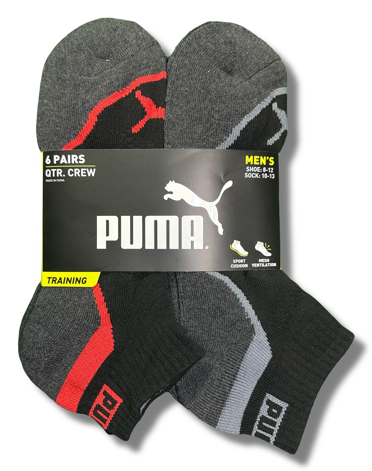 PUMA SOCKS MEN'S - QUARTER CUT - WAVE 253 - RED BLACK - LARGE (10-13 ...