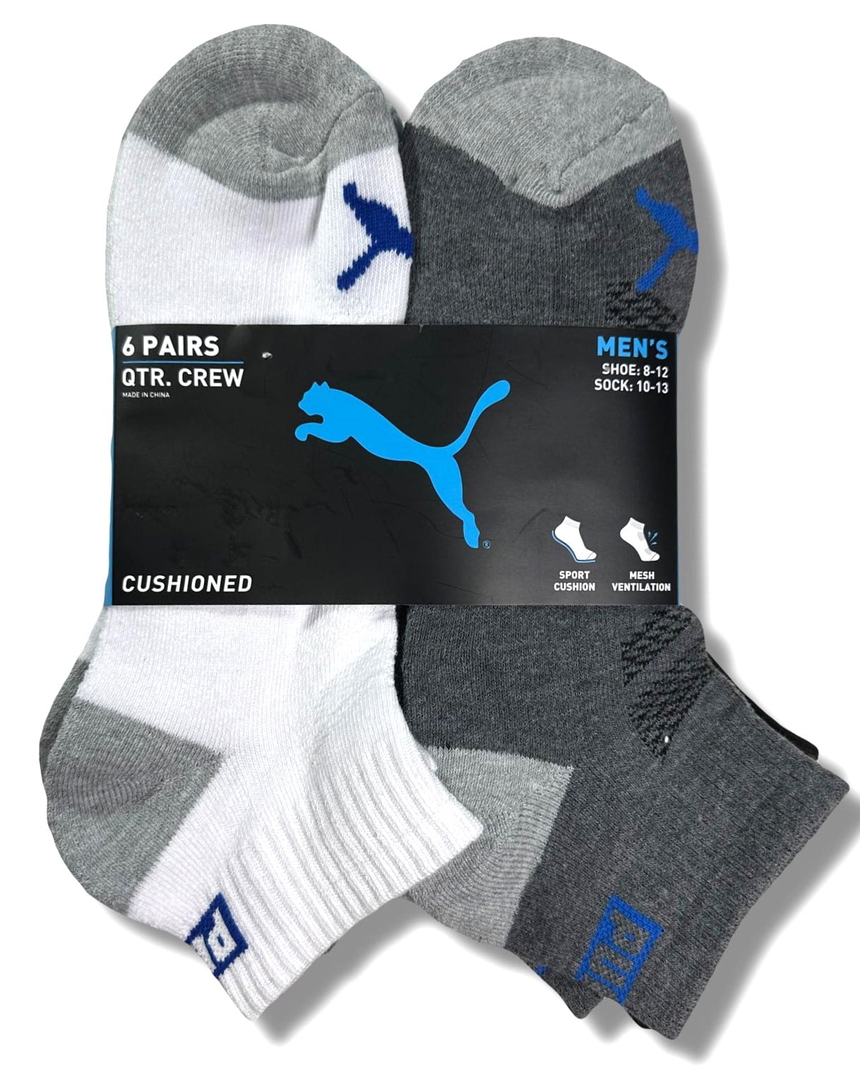 PUMA SOCKS MEN'S - QUARTER CUT - ZING 243 - WHITE BLUE - LARGE (10-13 ...