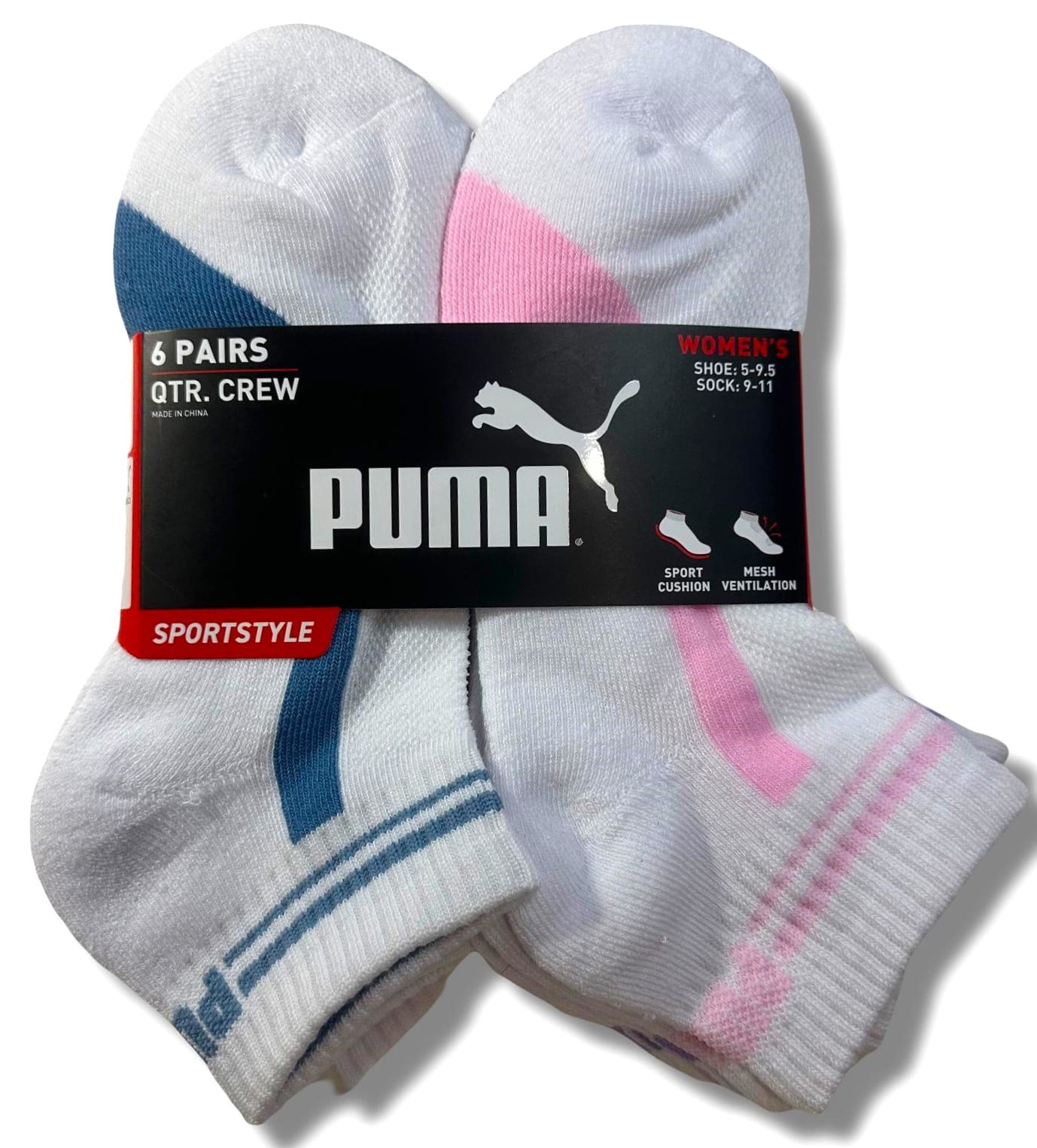 PUMA SOCKS WOMEN'S - QUARTER CUT 243 - PIPE BLUE PINK - SHOE SZ 5-9.5 ...