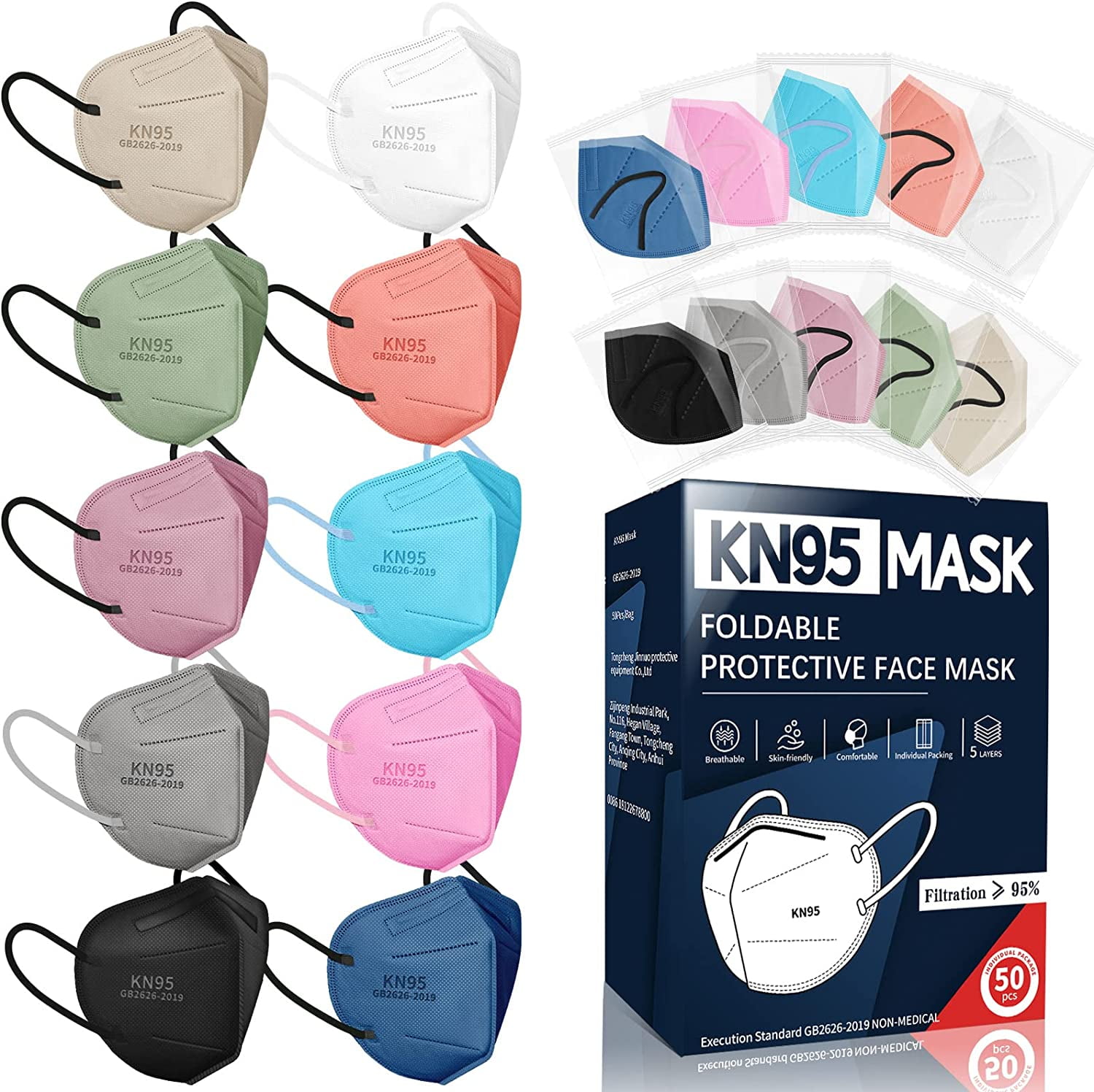 PUMIER KN95 Face Masks for Adults, 50 Pack 10 Colors Disposable KN95 ...