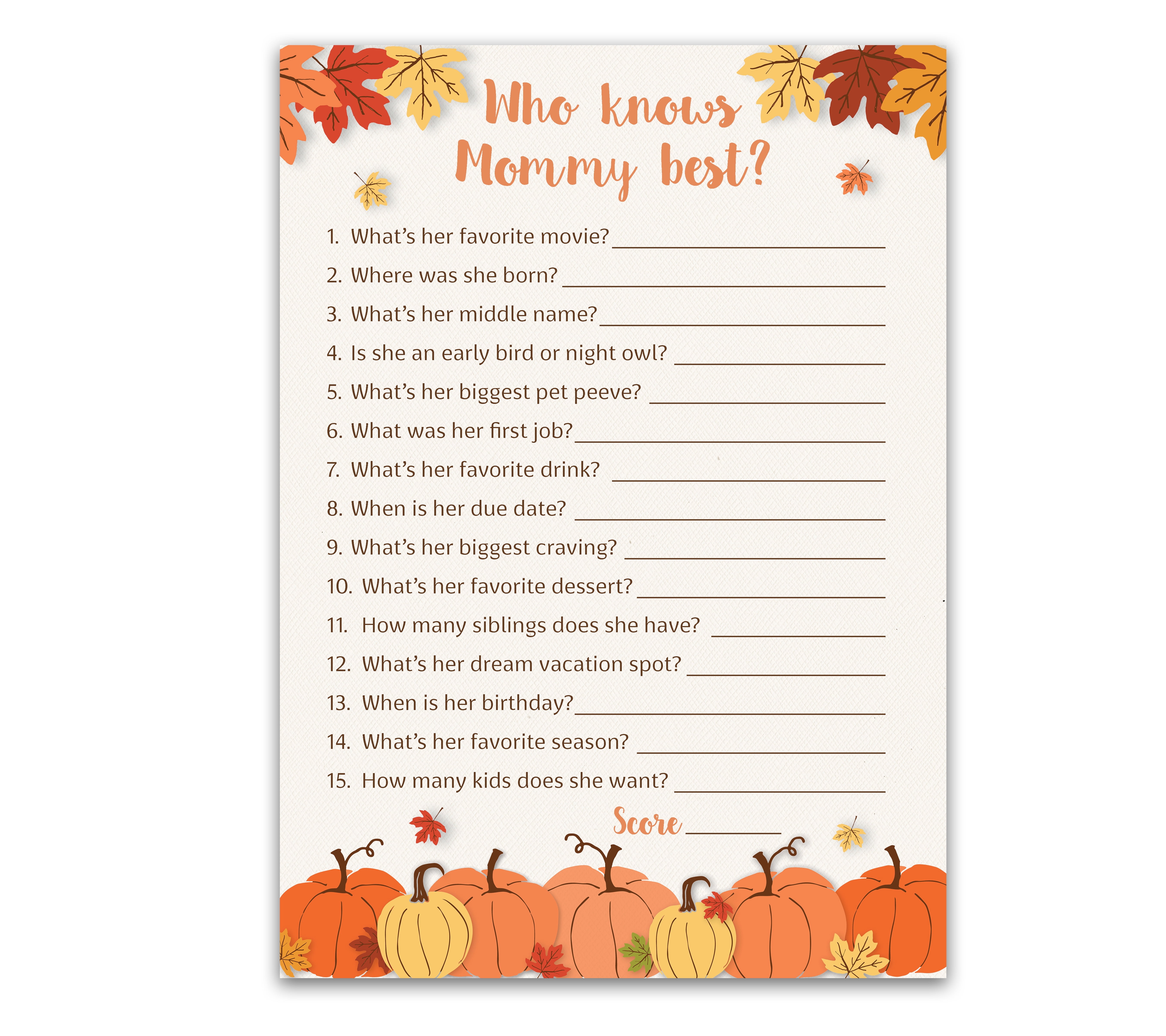 PUMPKINS Baby Shower Games - Who Knows Mommy Best - Pack of 25 - GENDER ...