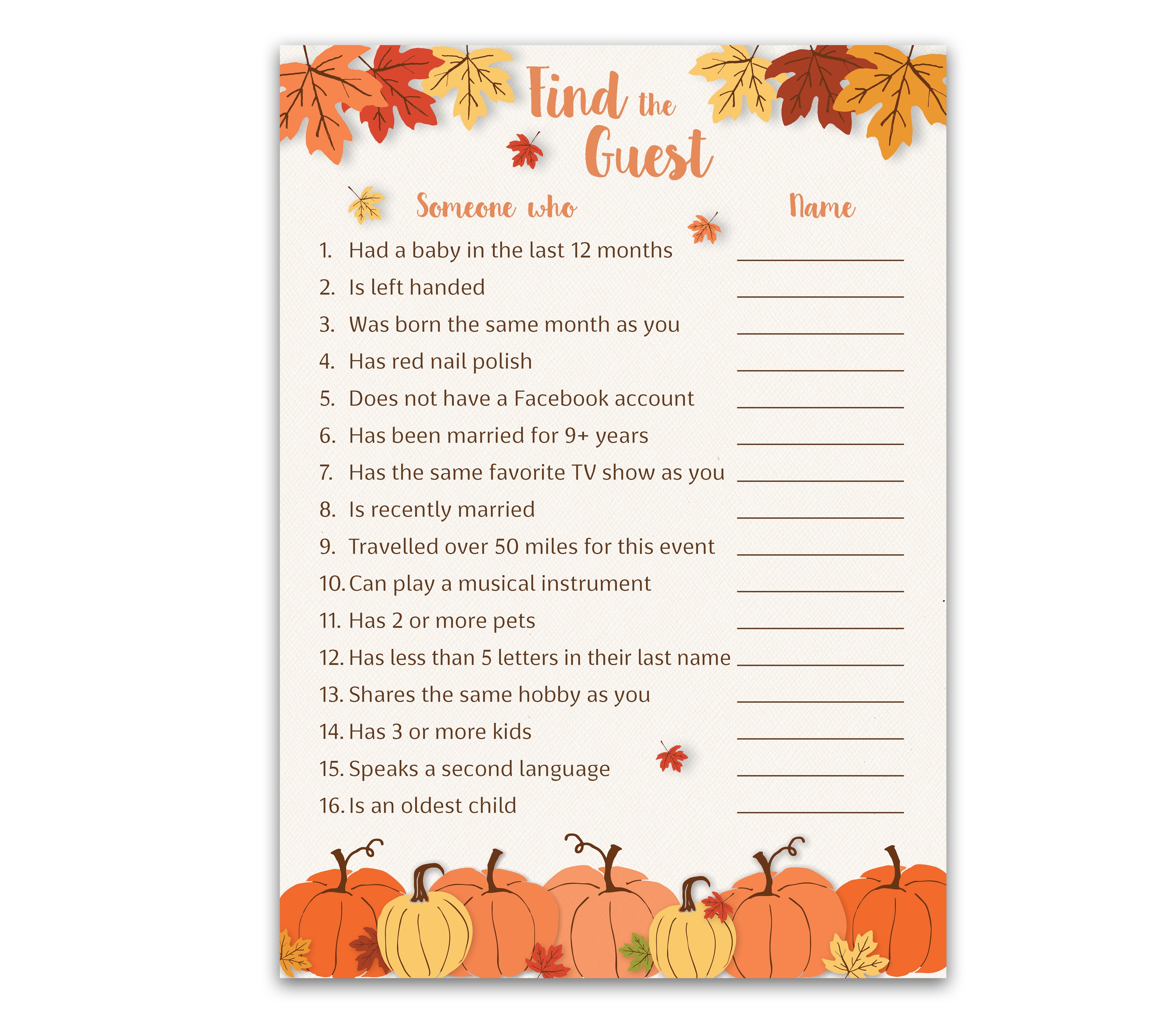 PUMPKINS Baby Shower Theme — FIND THE GUEST Baby Shower Game — Pack of ...