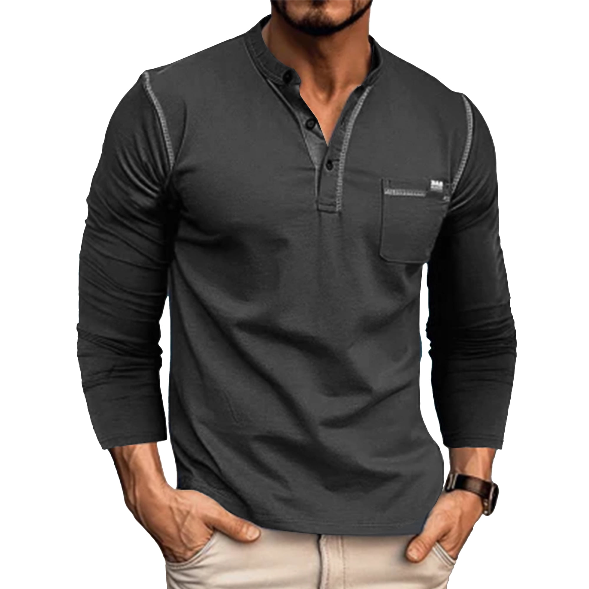 PUPIU Henley Shirts for Men Long Sleeve Casual Shirts with Pocket ...