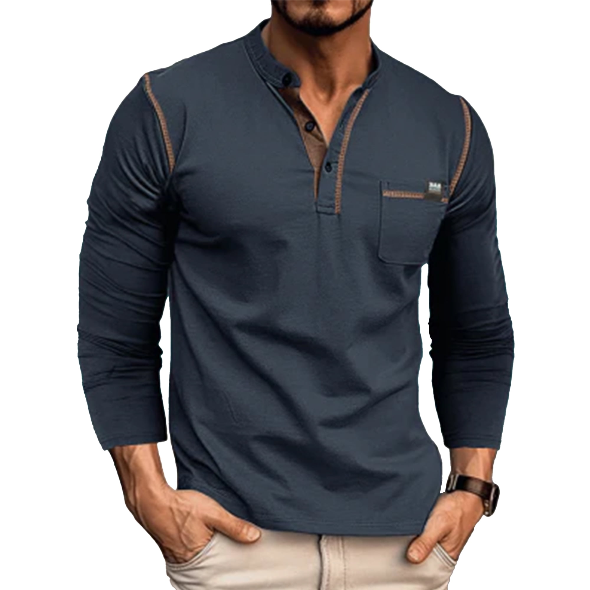 PUPIU Henley Shirts for Men Long Sleeve Casual Shirts with Pocket ...