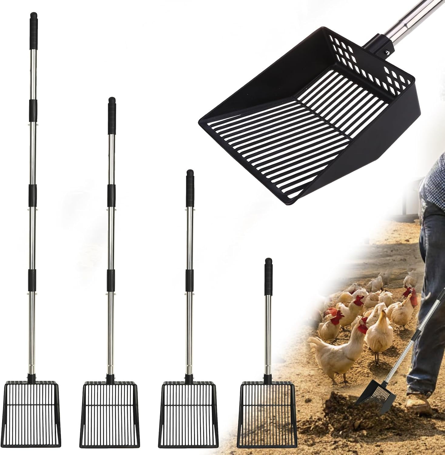 PUPTECK Metal Chicken Coop Scooper, 4-in-1 Adjustable Removable Handle ...