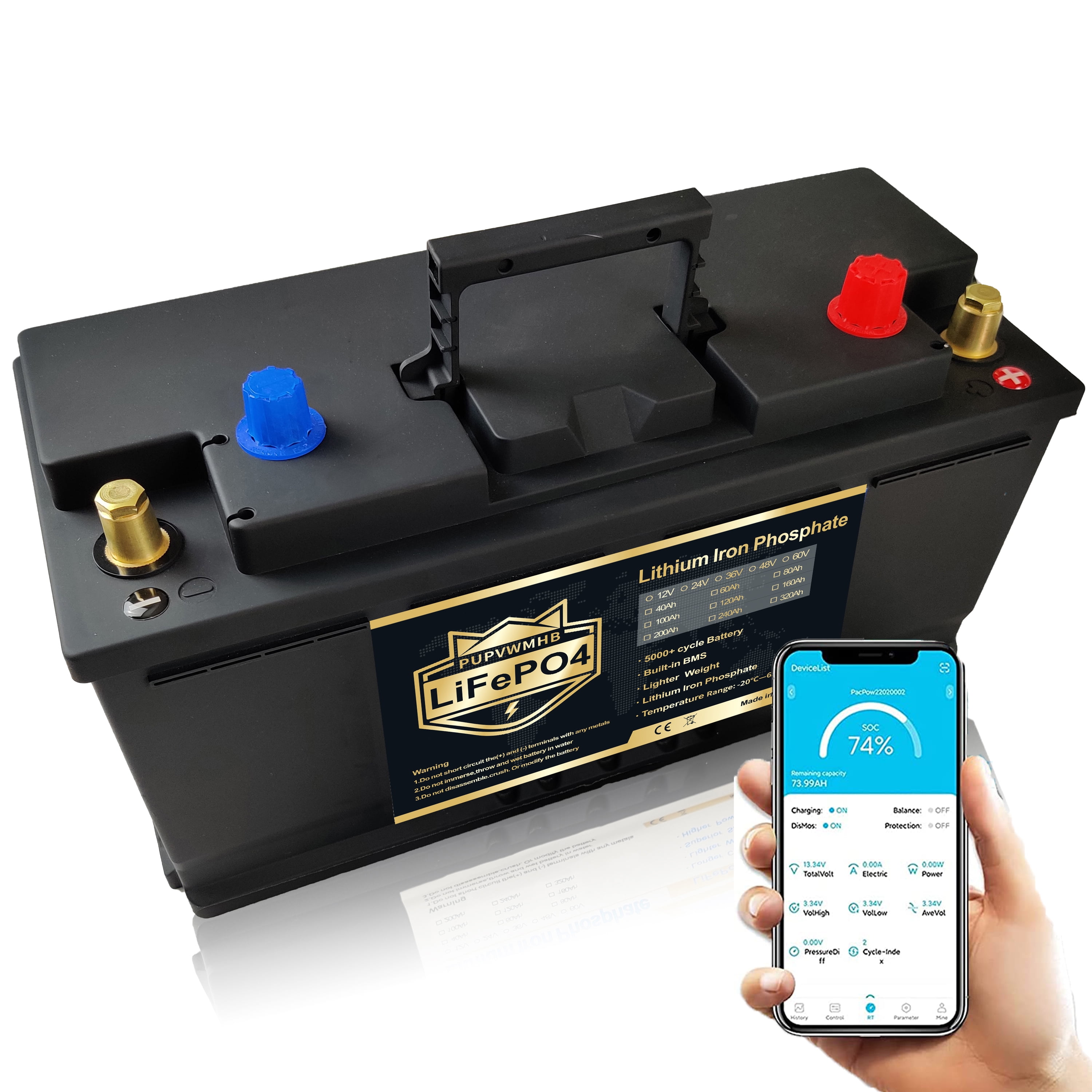 PUPVWMHB 12V 100Ah LiFePO4 Lithium Battery,Bluetooth Lithium Battery ...