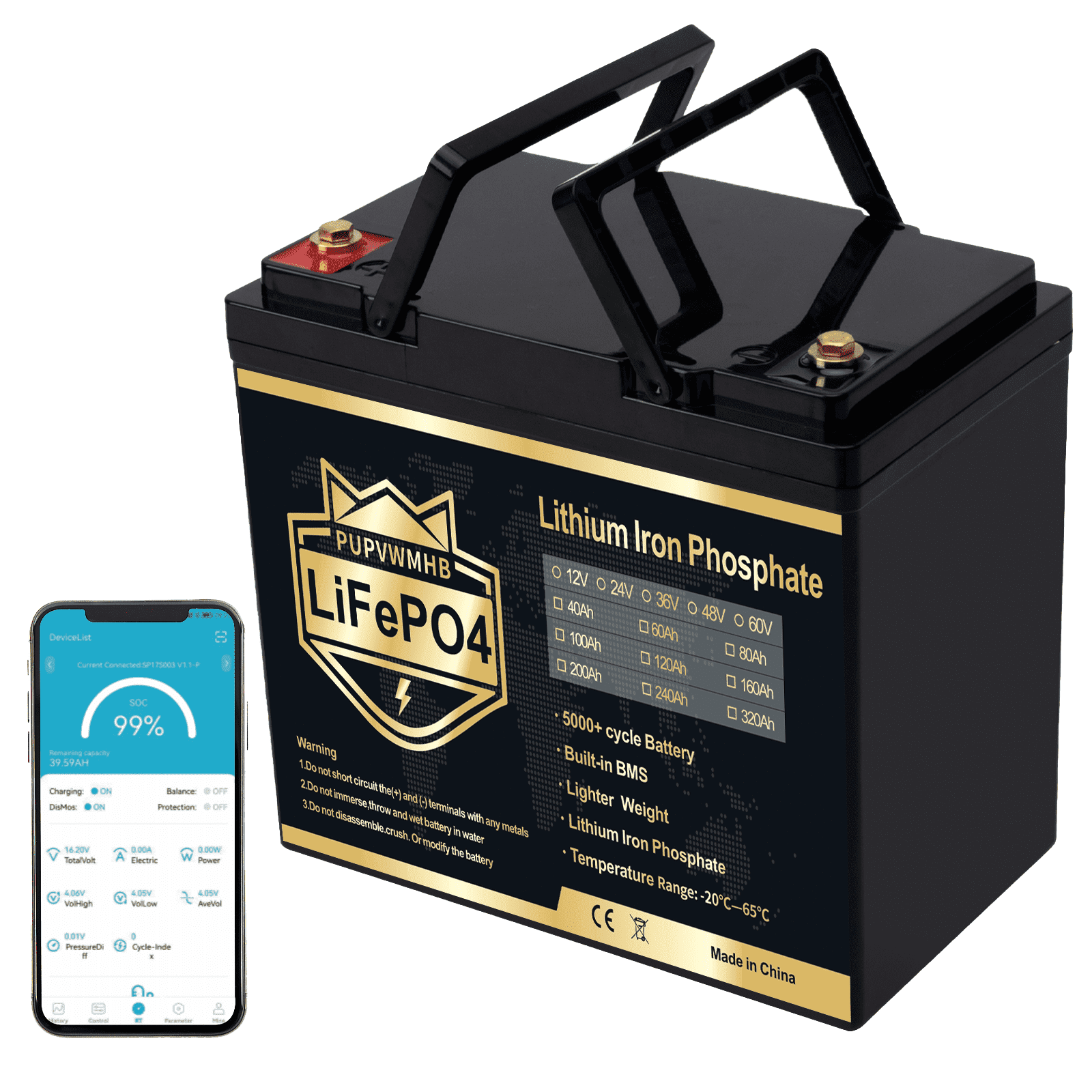 PUPVWMHB 12V 100Ah Mini LiFePO4 Bluetooth Lithium Battery, 100A BMS, 10 ...