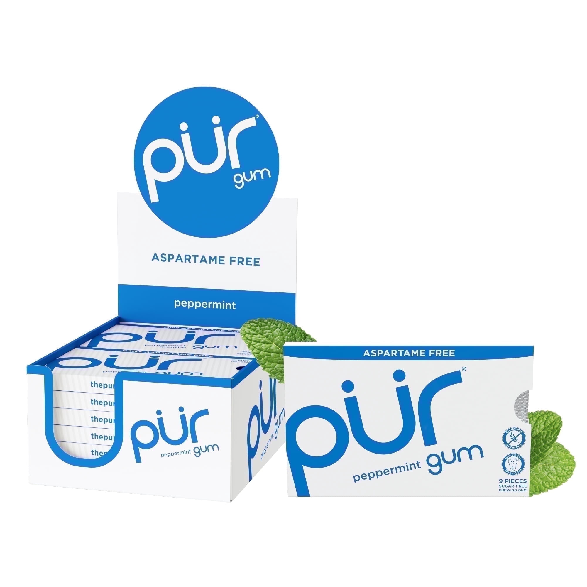 PUR Aspartame-Free Sugarless Gum, Natural Peppermint Flavor, 9 Pieces ...