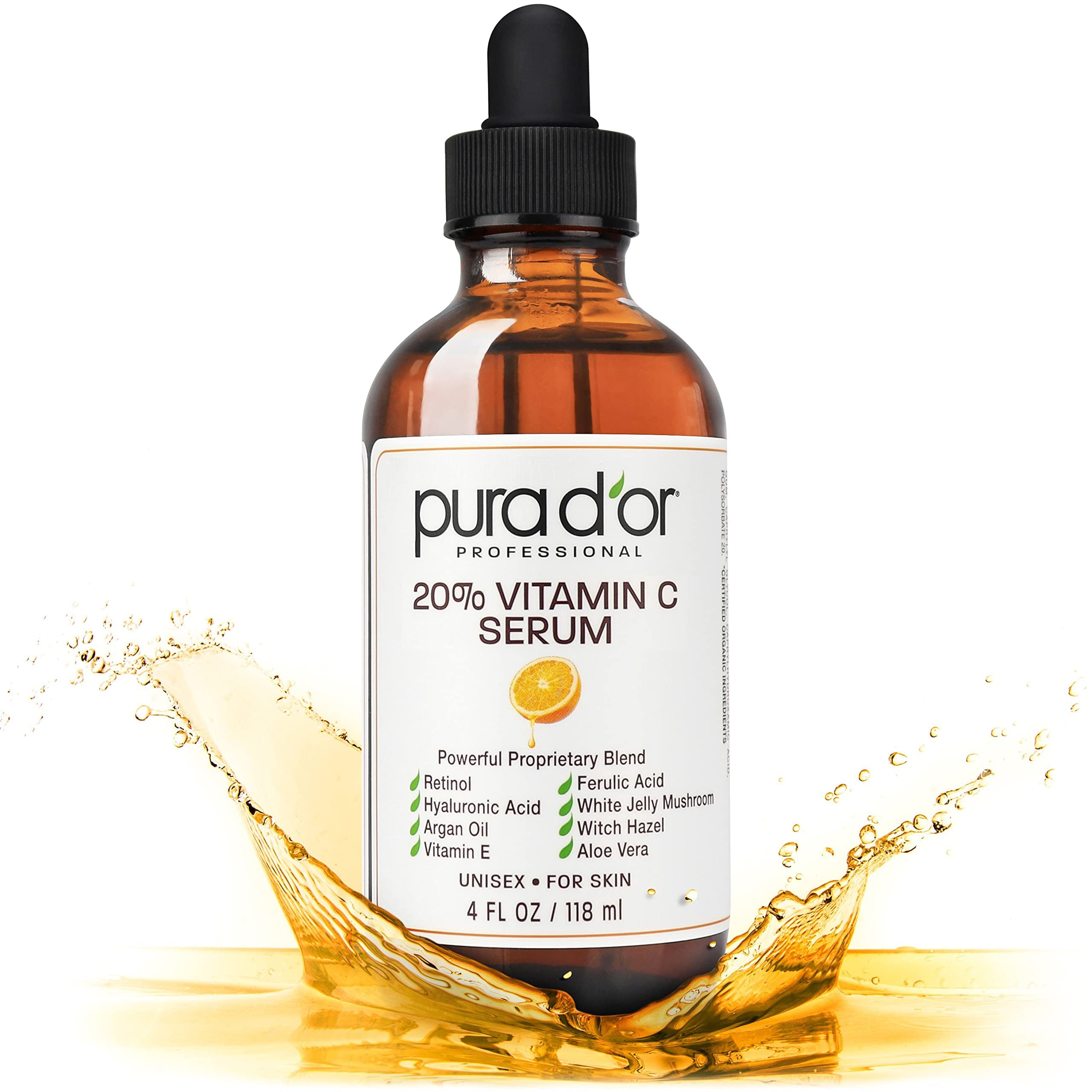 PURA D'OR 20% Vitamin BCA3 C Serum 4 Oz - Lightweight Maximum Strength ...