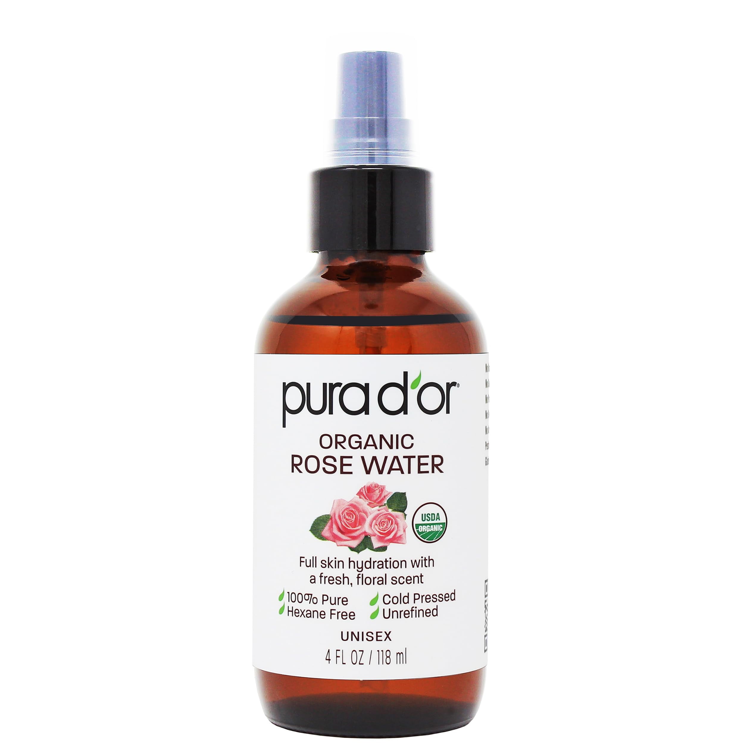 PURA D'OR 4 Oz SSF20 Organic Rose Water USDA Certified 100% Pure Full Skin Hydration, Control ...