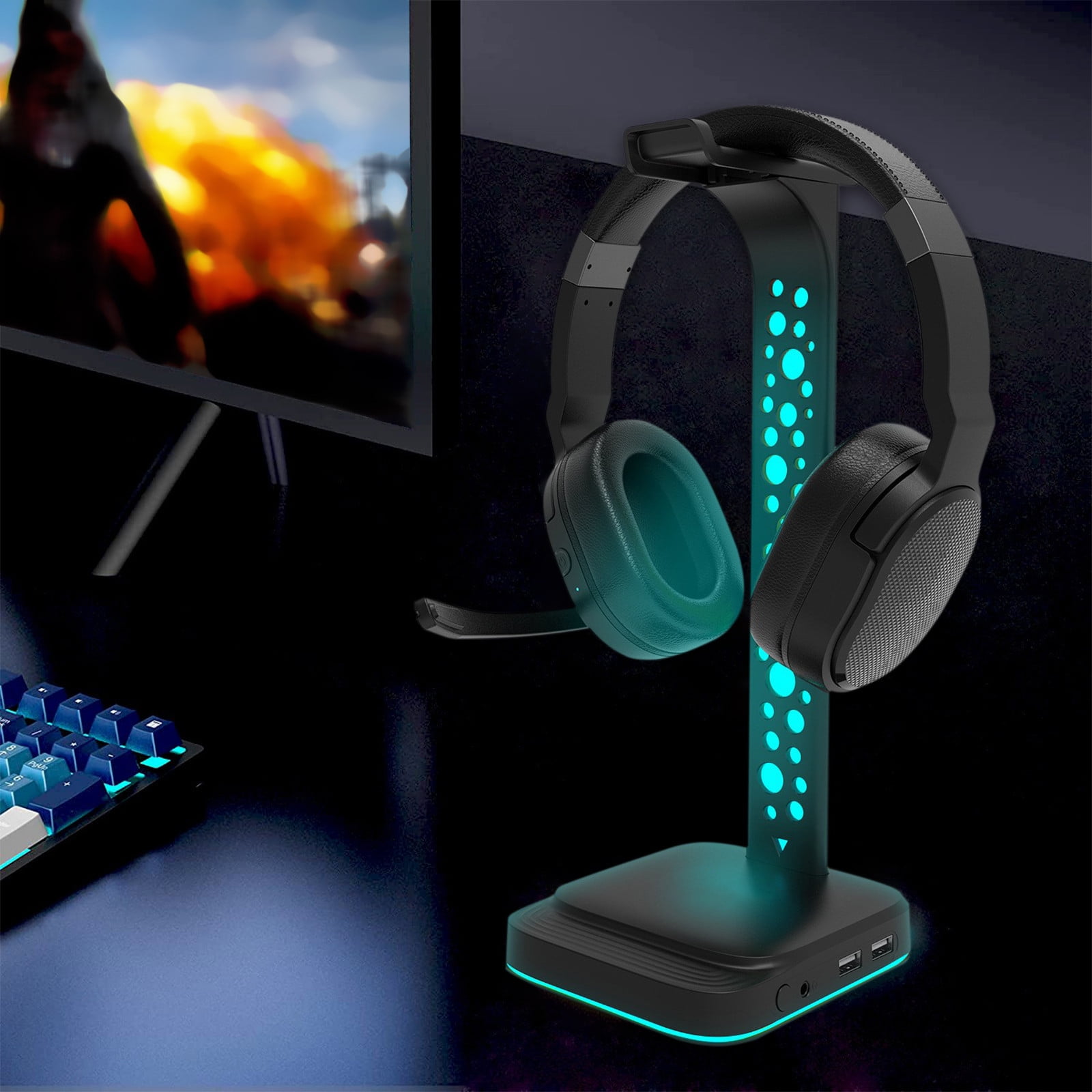 PURCOLT RGB Gaming Headphones Stand, Headset Stand With 3.5mm AUX And 2 ...