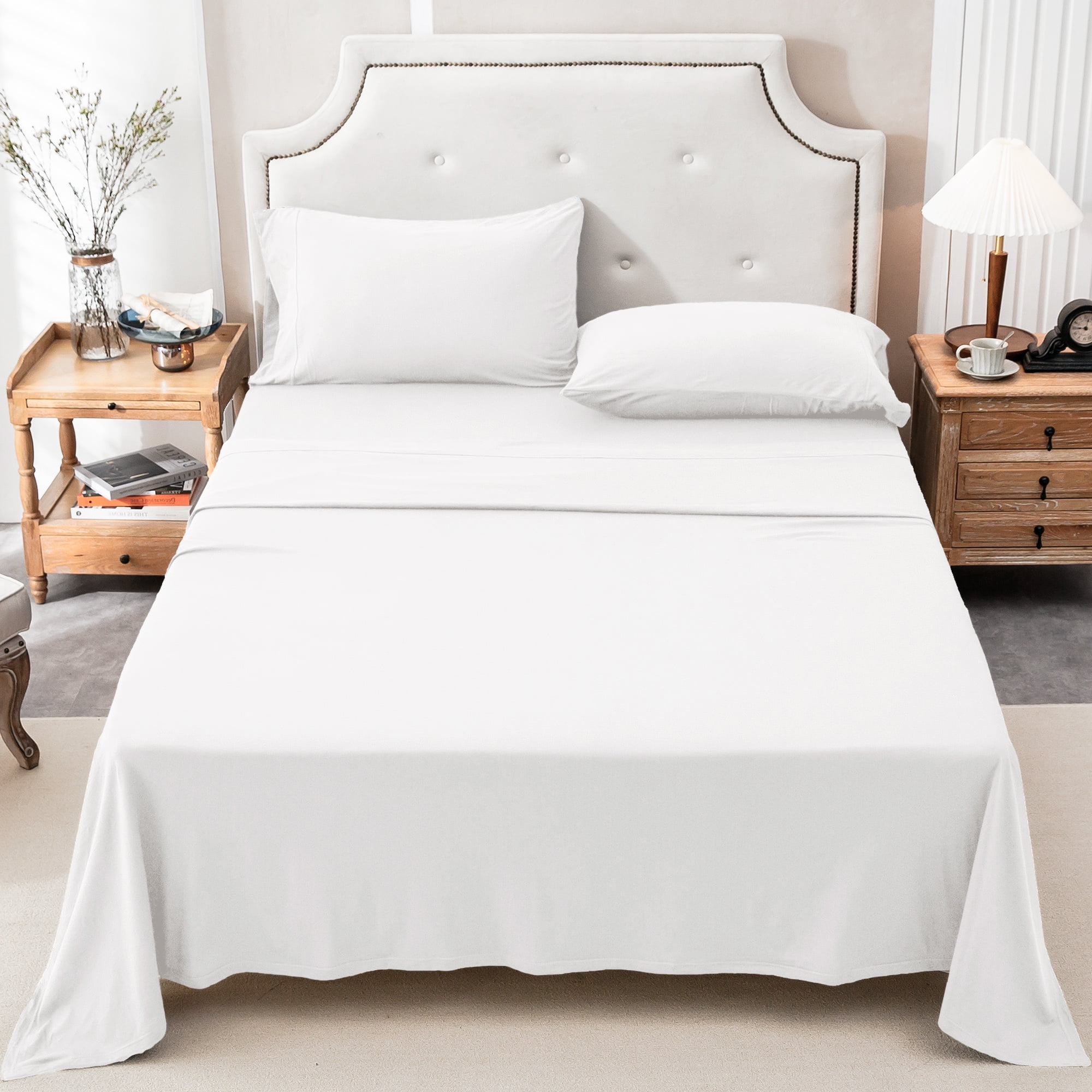 PURE ERA Bright White Jersey Knit Sheets Set King Size 20" Deep Pocket ...