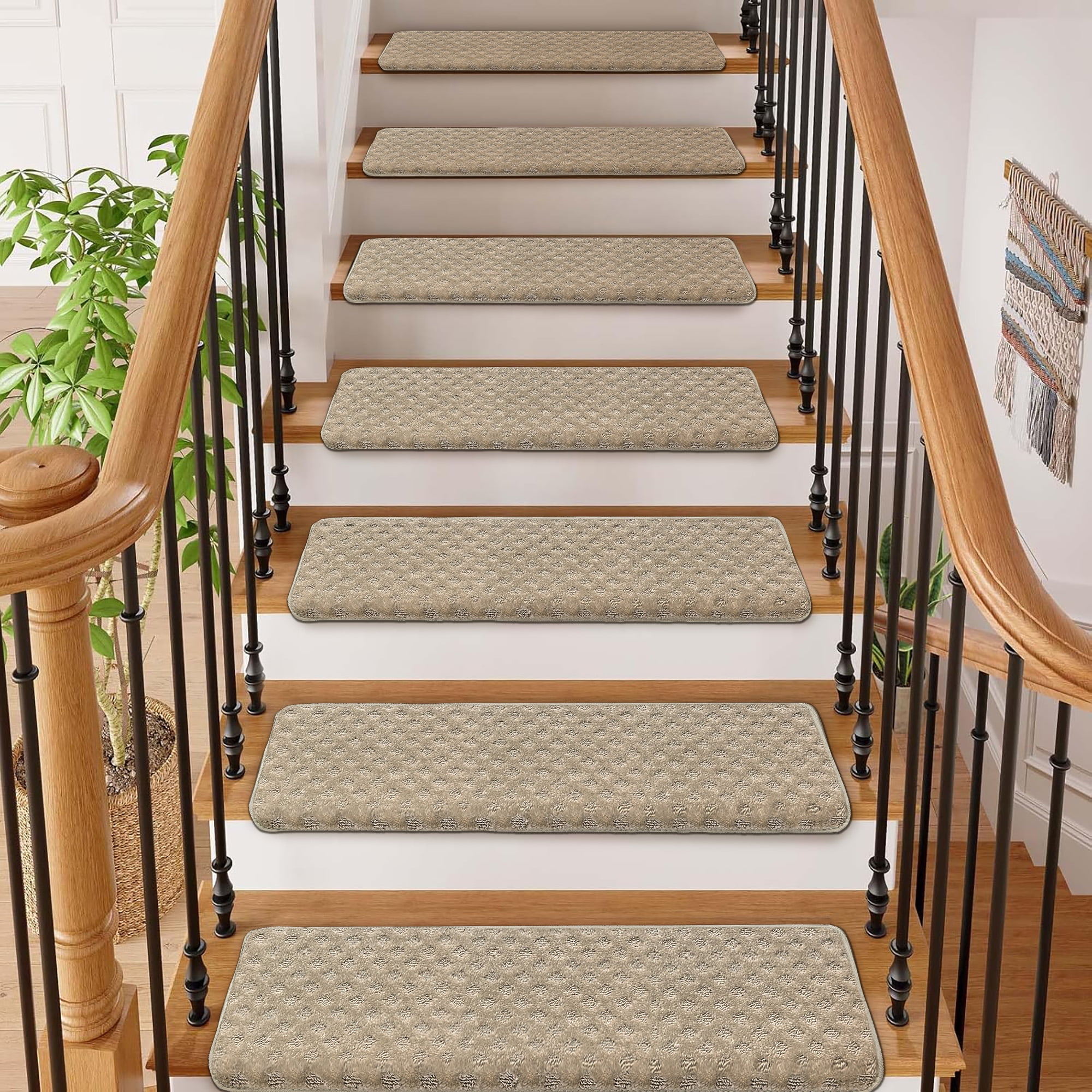 "PURE ERA Anti-Skid Carpet Stair Treads, 9.5""x30""x1.2"", Set of 14, Cream Gray Diamond Trellis ...
