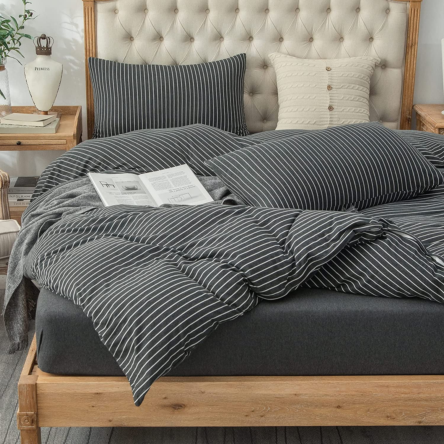 PURE ERA Ultra Soft Cotton Duvet Set, Queen, Black & White Pinstripes ...