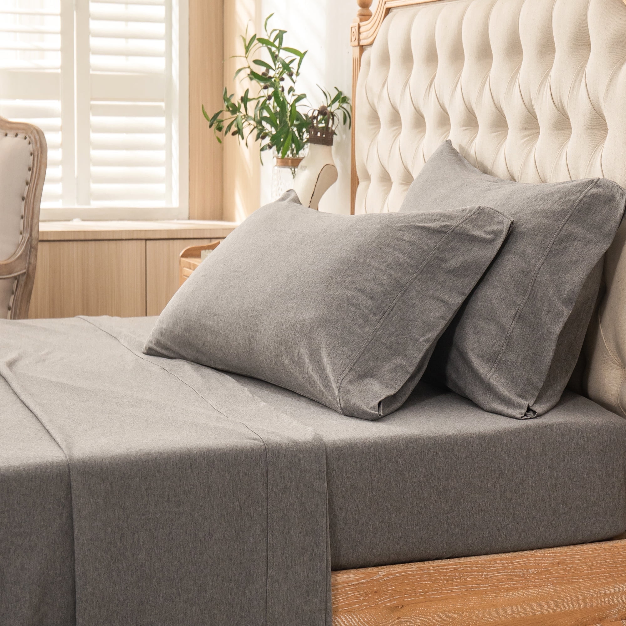 PURE ERA Jersey Knit Cotton Sheet Set, Queen, Extra Deep Pocket, 4pc ...