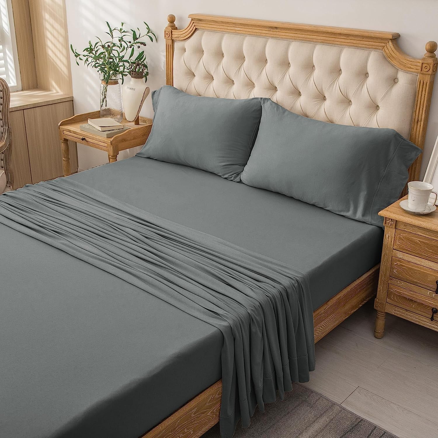 PURE ERA Jersey Knit 4pcs Sheets Set 20" Deep Pocket Ultra Soft 100% ...