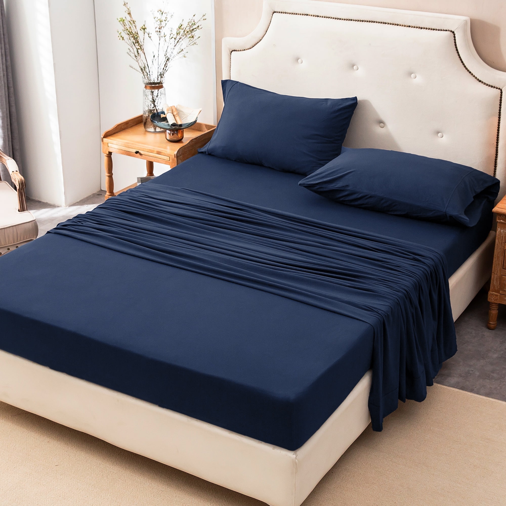 PURE ERA Jersey Knit 4pcs Sheets Set 20" Deep Pocket Ultra Soft 100% ...