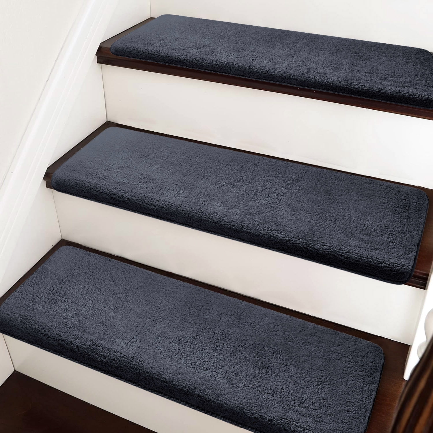 "PURE ERA Non-Slip Plush Bullnose Carpet Stair Treads Set of 14, Dark ...