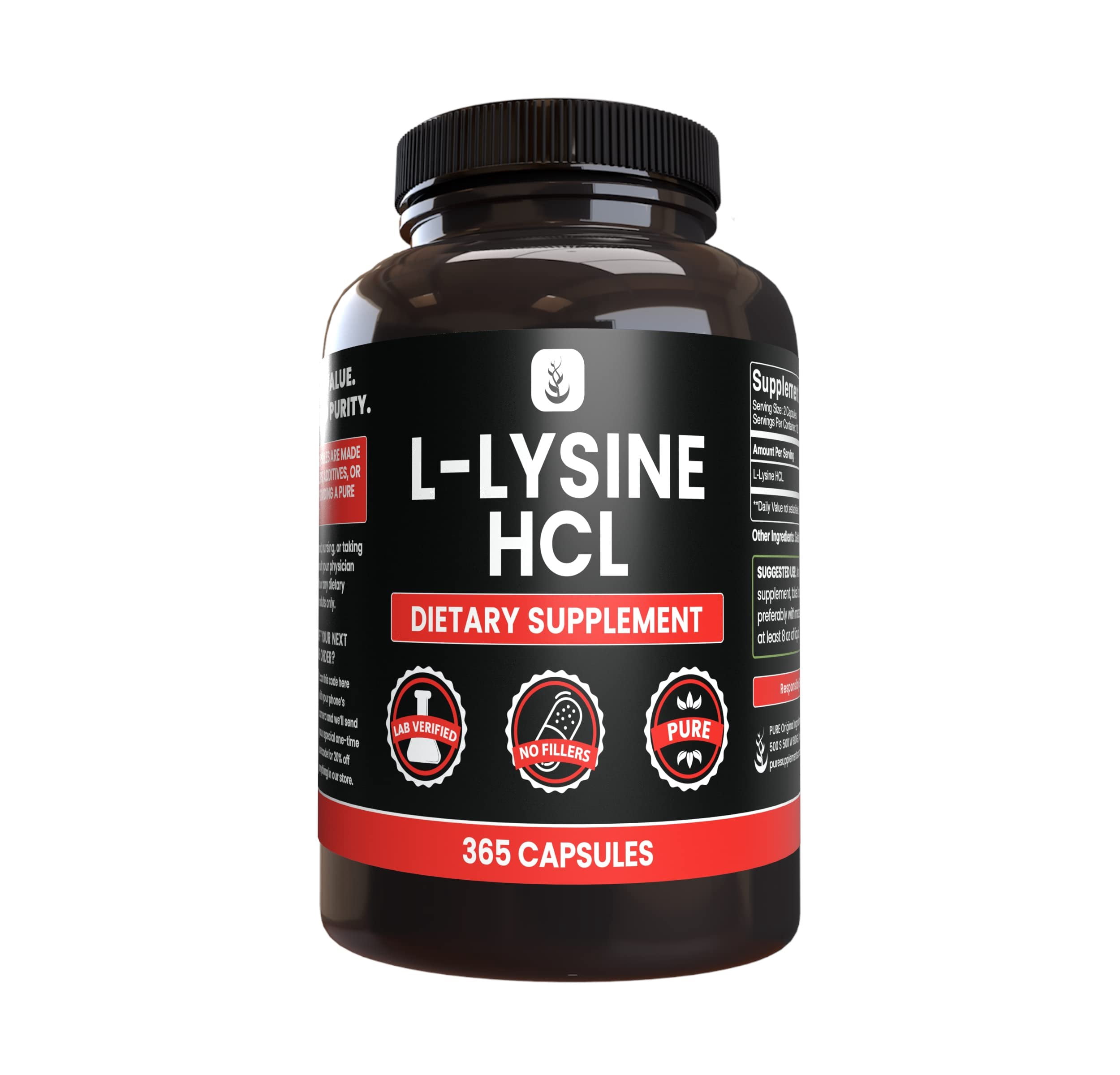 PURE ORIGINAL INGREDIENTS L-Lysine HCl 365 Capsules No Magnesium Or ...
