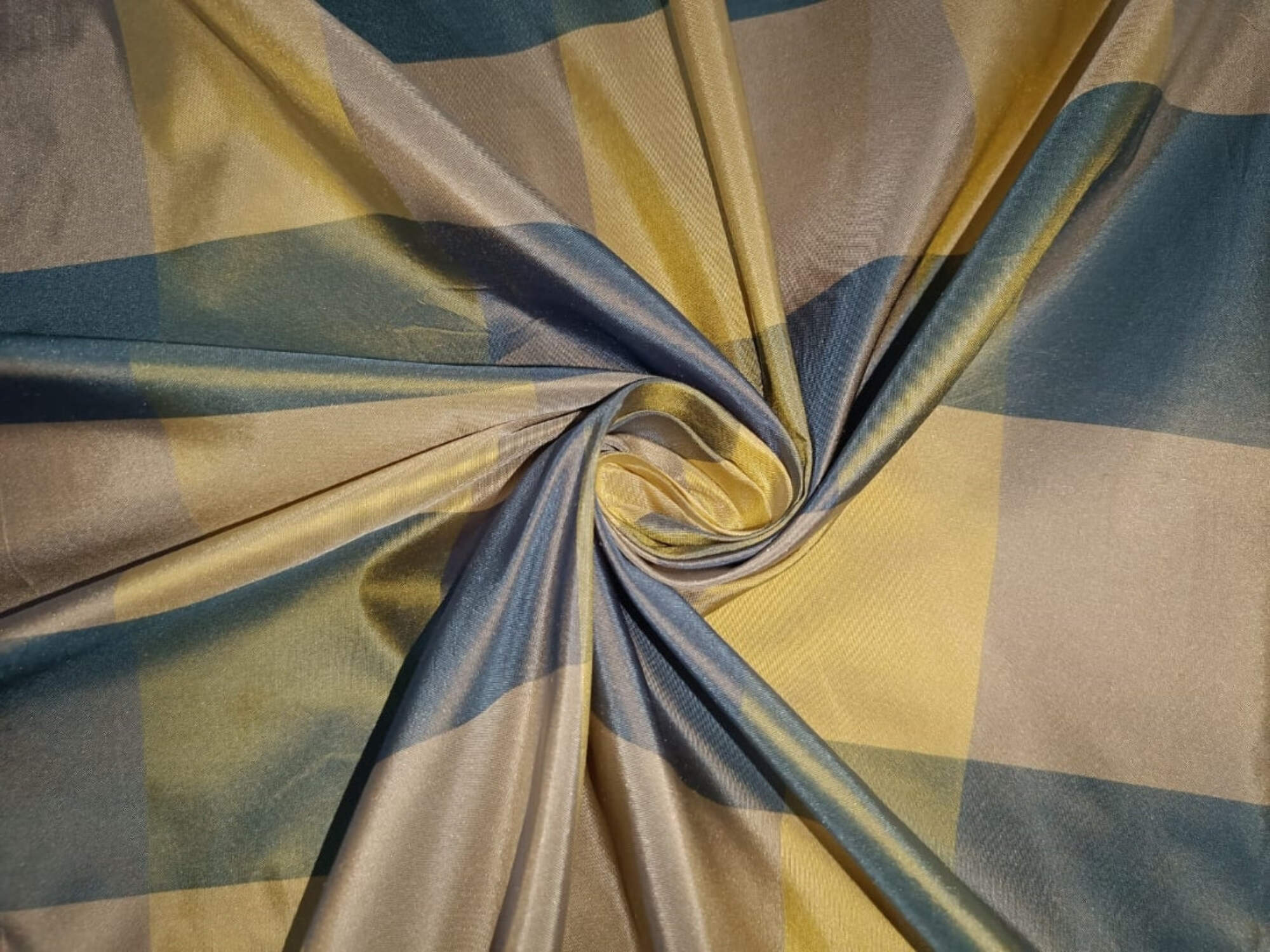 PURE SILK TAFFETA FABRIC Light Gold, Shades of Steel Blue COLOR plaids ...