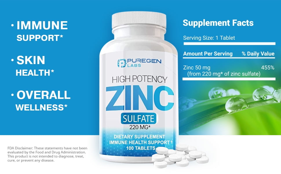 Puregen Labs High Potency Zinc Sulfate 220mg - Supplement for Immune ...