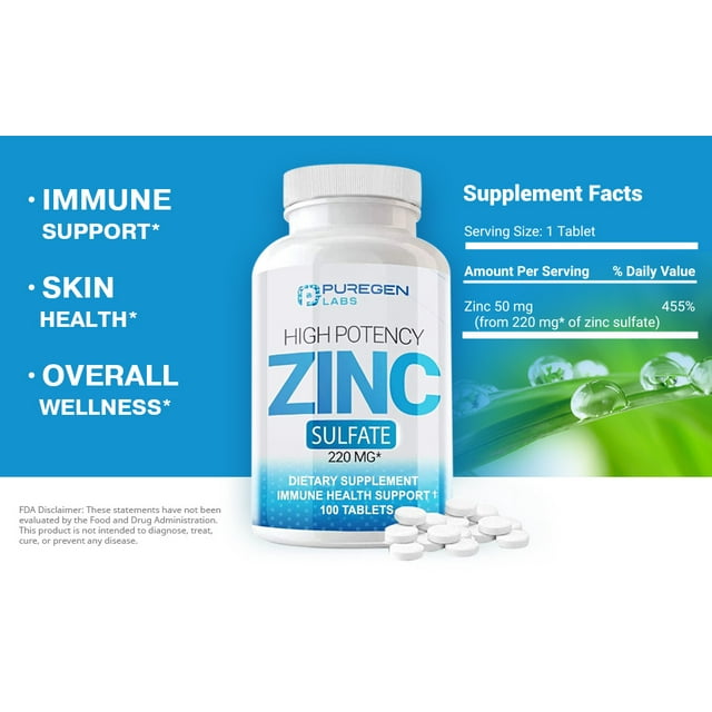 Puregen Labs High Potency Zinc Sulfate 220mg - Supplement for Immune ...