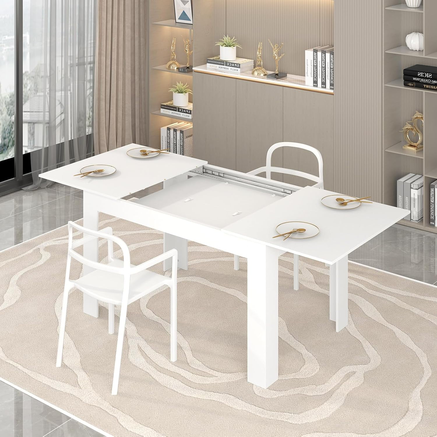 PUREMIND Extendable Folding Dining Table 86.68" for 4-6 People, Stylish Square Kitchen Table ...