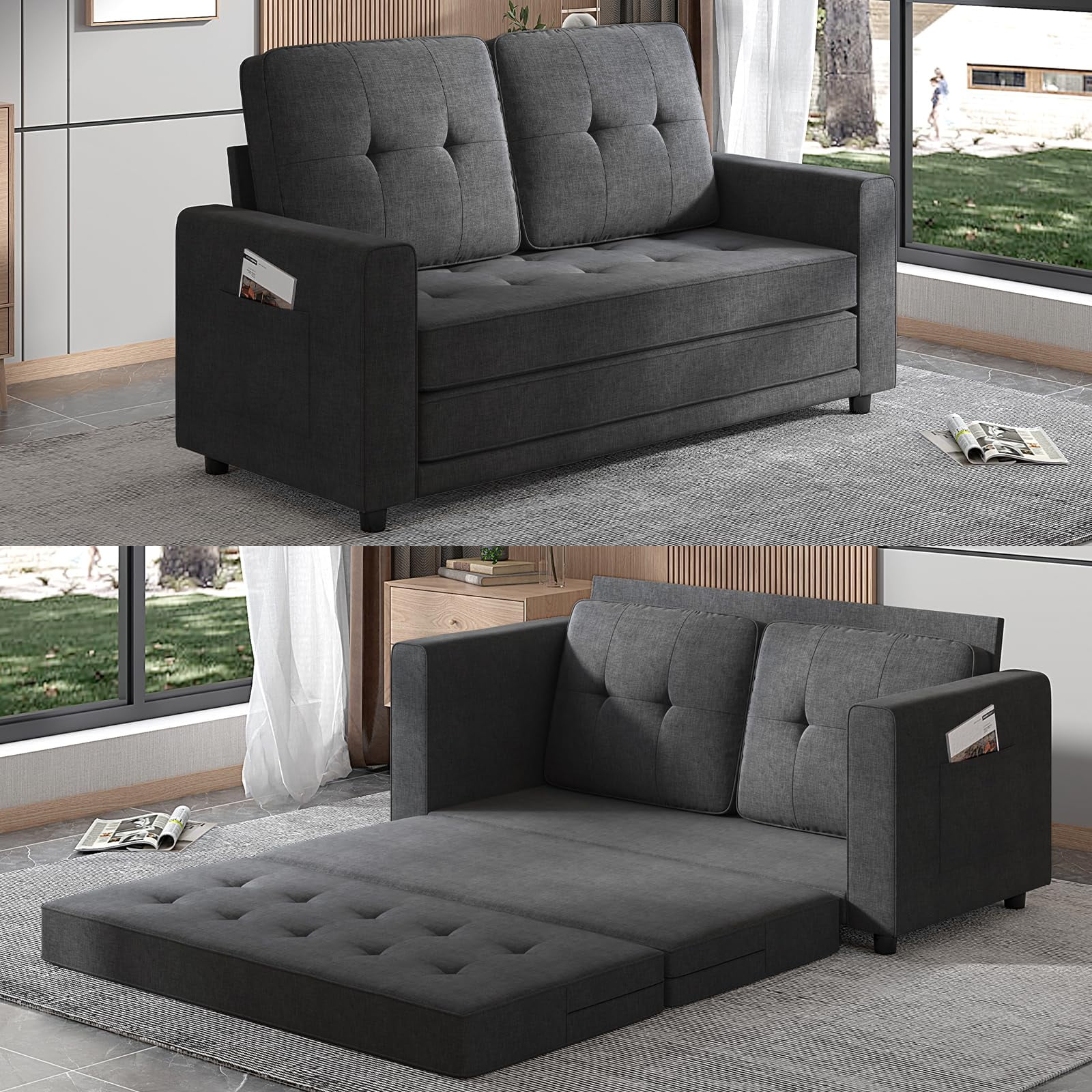 PUREMIND Floor Sleeper Sofa Bed, Upholstery 2-in-1 Pull Out Couch Bed, Loveseat Folding Futon ...
