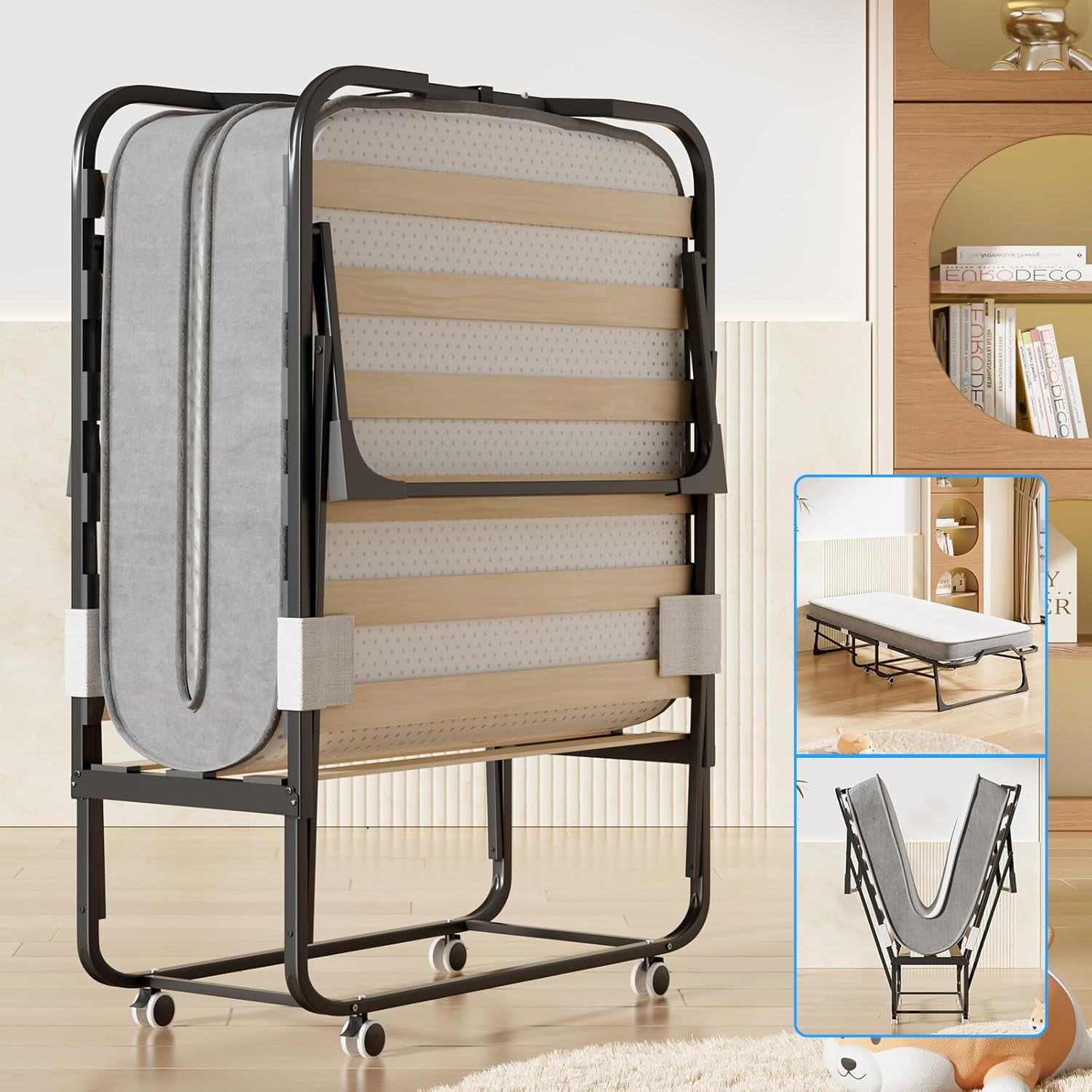 PUREMIND Folding Bed with Mattress for Adults, Cot Size Rollaway Guest Beds with 4" Memory Foam ...