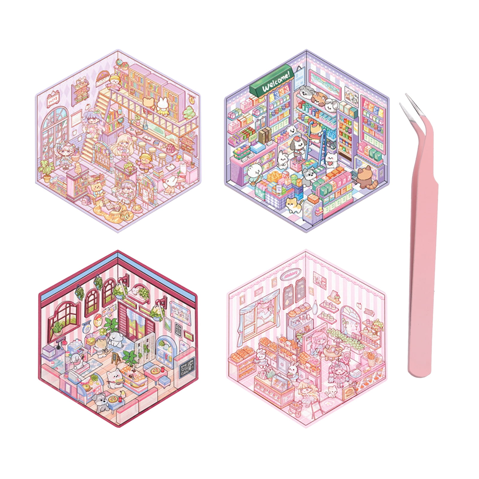 PUREOY 4Pcs DIY 3D Miniature Scene Stickers with Tweezers Reusable ...