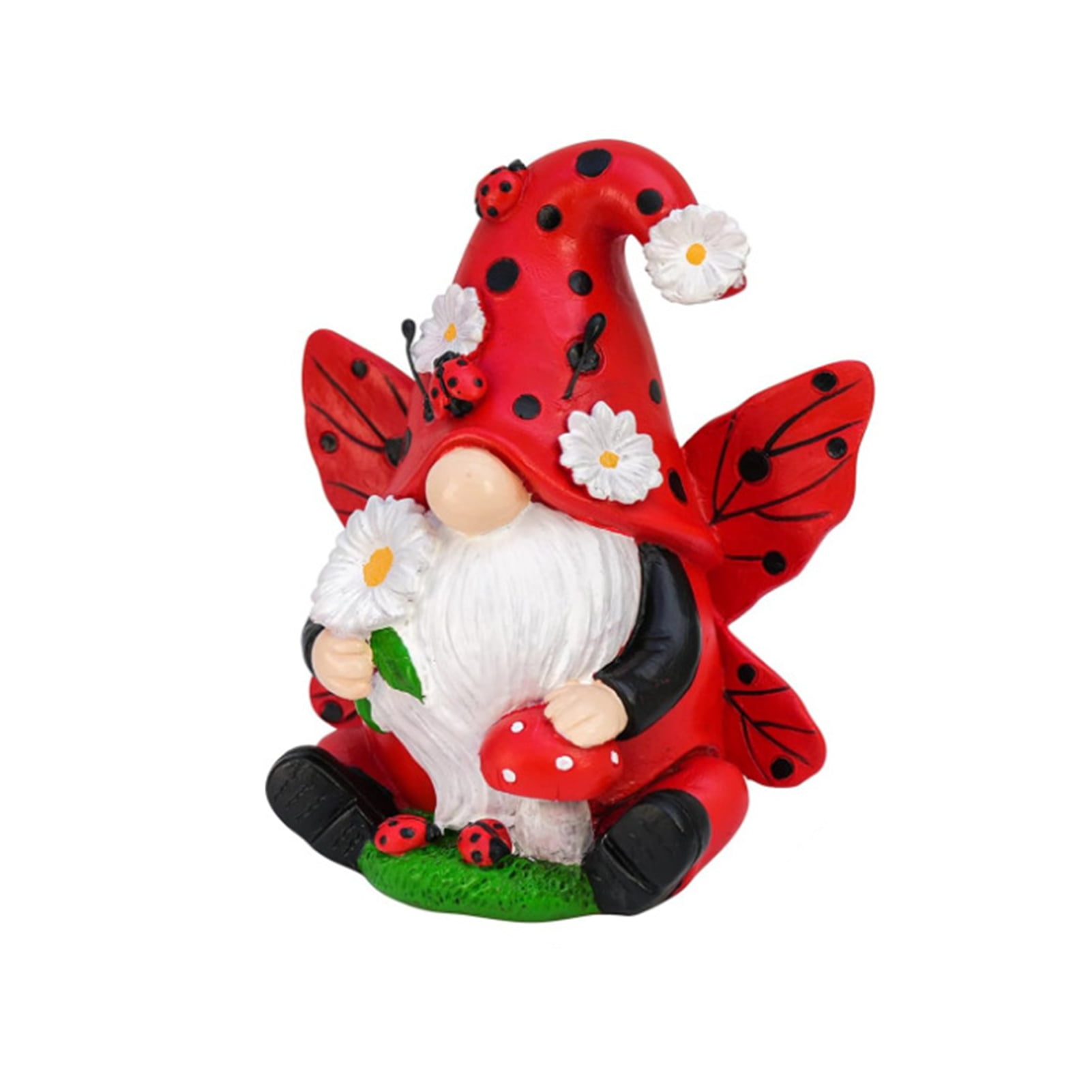 PUREOY Ladybug Gnome Figurine Flower Winged Dwarf Elf Resin Statue ...