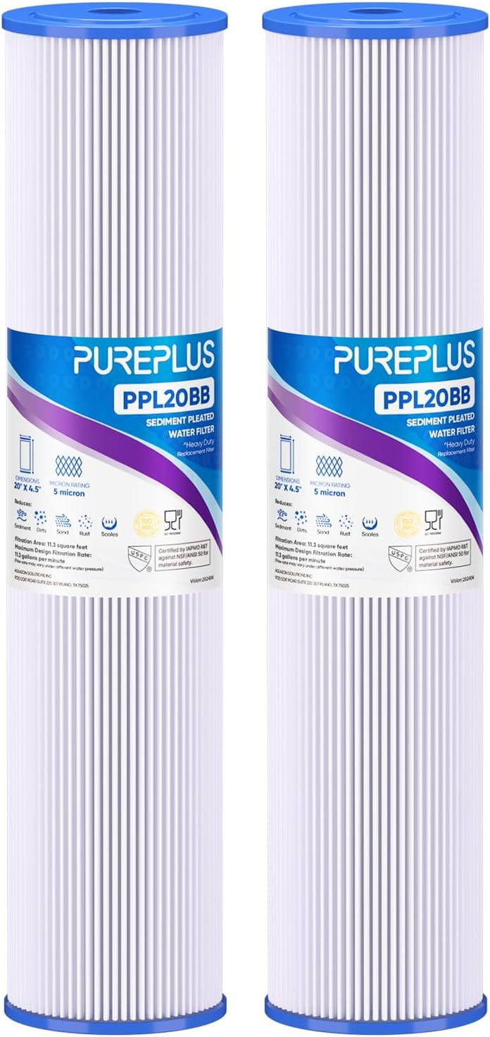 PUREPLUS 20" x 4.5" Whole House Pleated Sediment Filter for Well Water, Replacement Cartridge ...