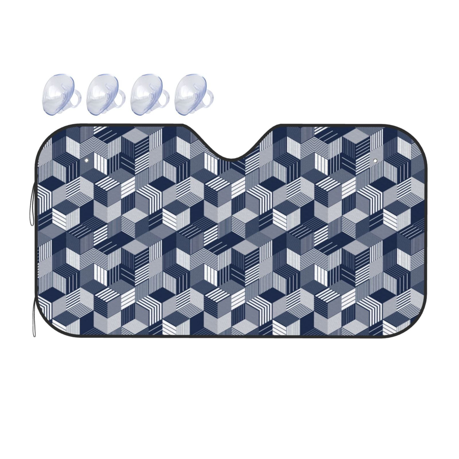 PUREYAH Foldable Front Windshield Sun Shade, Abstract Cube Blue Stripes ...