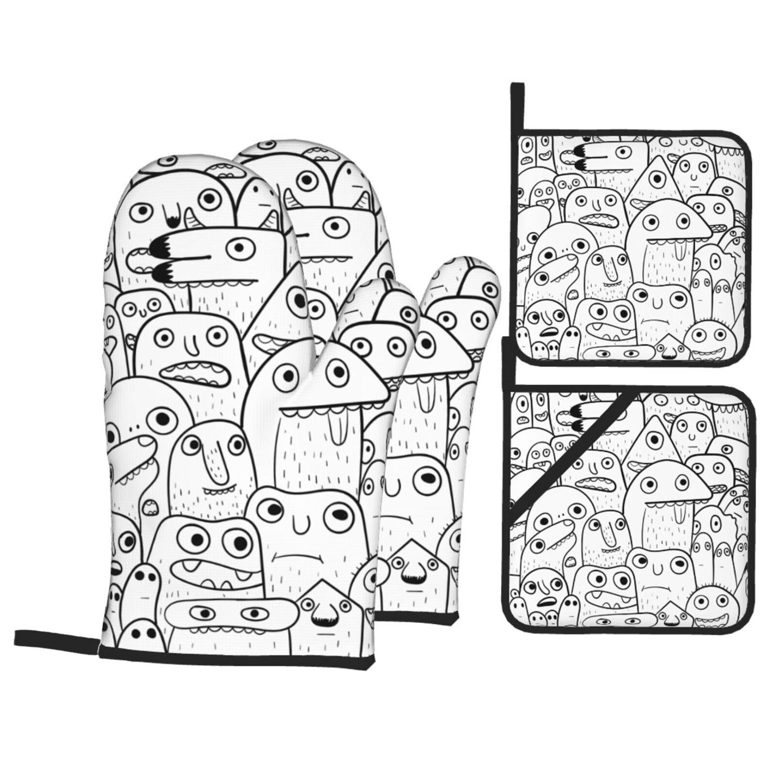 PUREYAH Oven Mitts And Pot Holders Sets, Kitchen Monster Doodle Oven ...